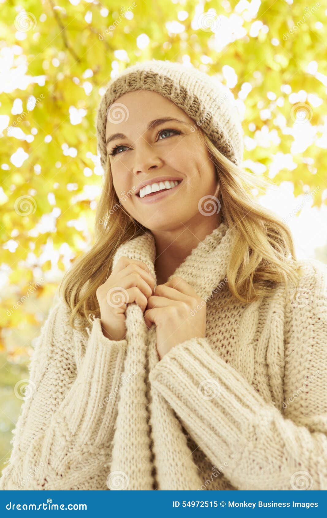 Woman Wearing Warm Clothes Under Autumn Tree Stock Image - Image of ...