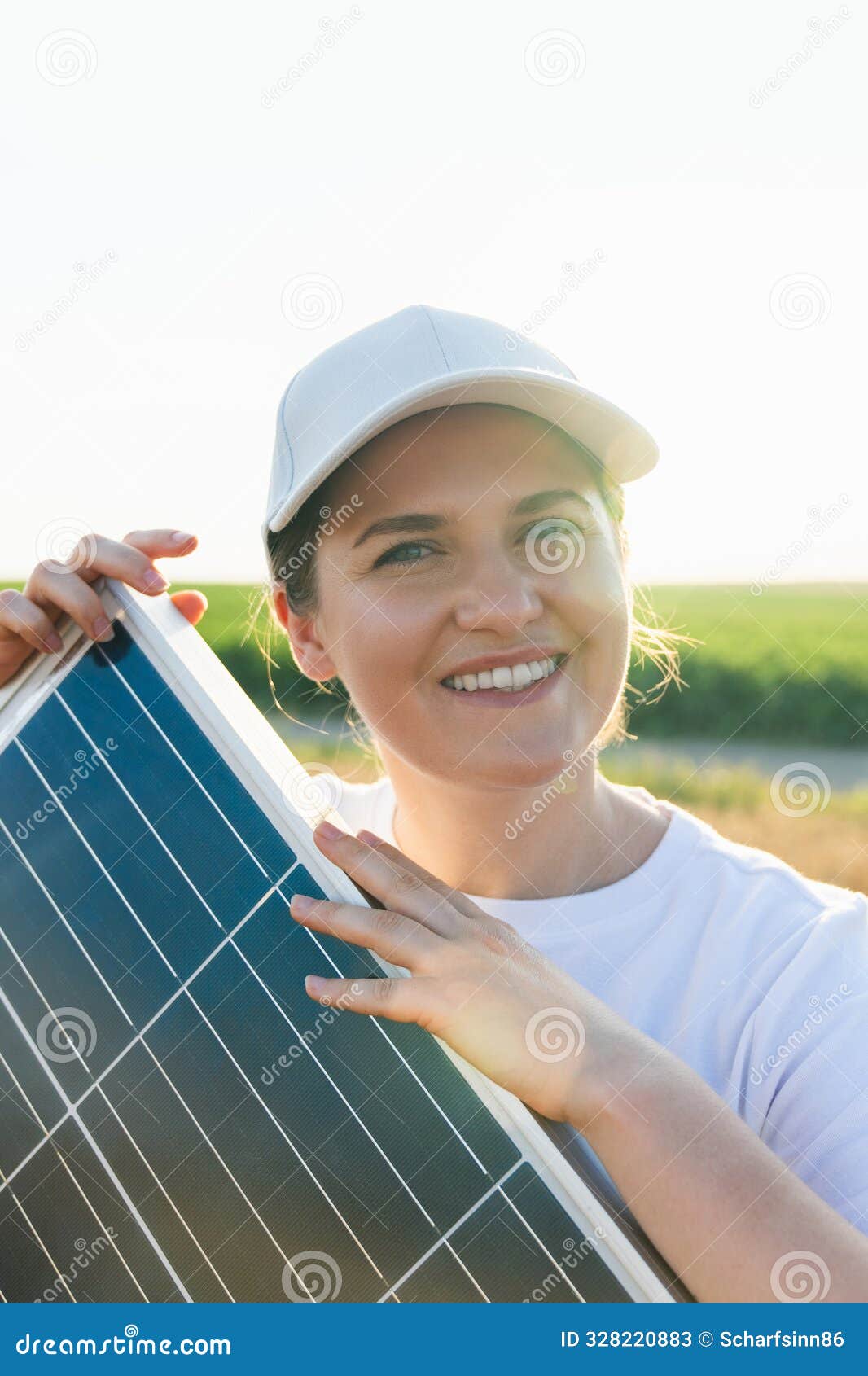 Woman Wearing White Cap and T-shirt Holds Solar Panel Stock Image ...