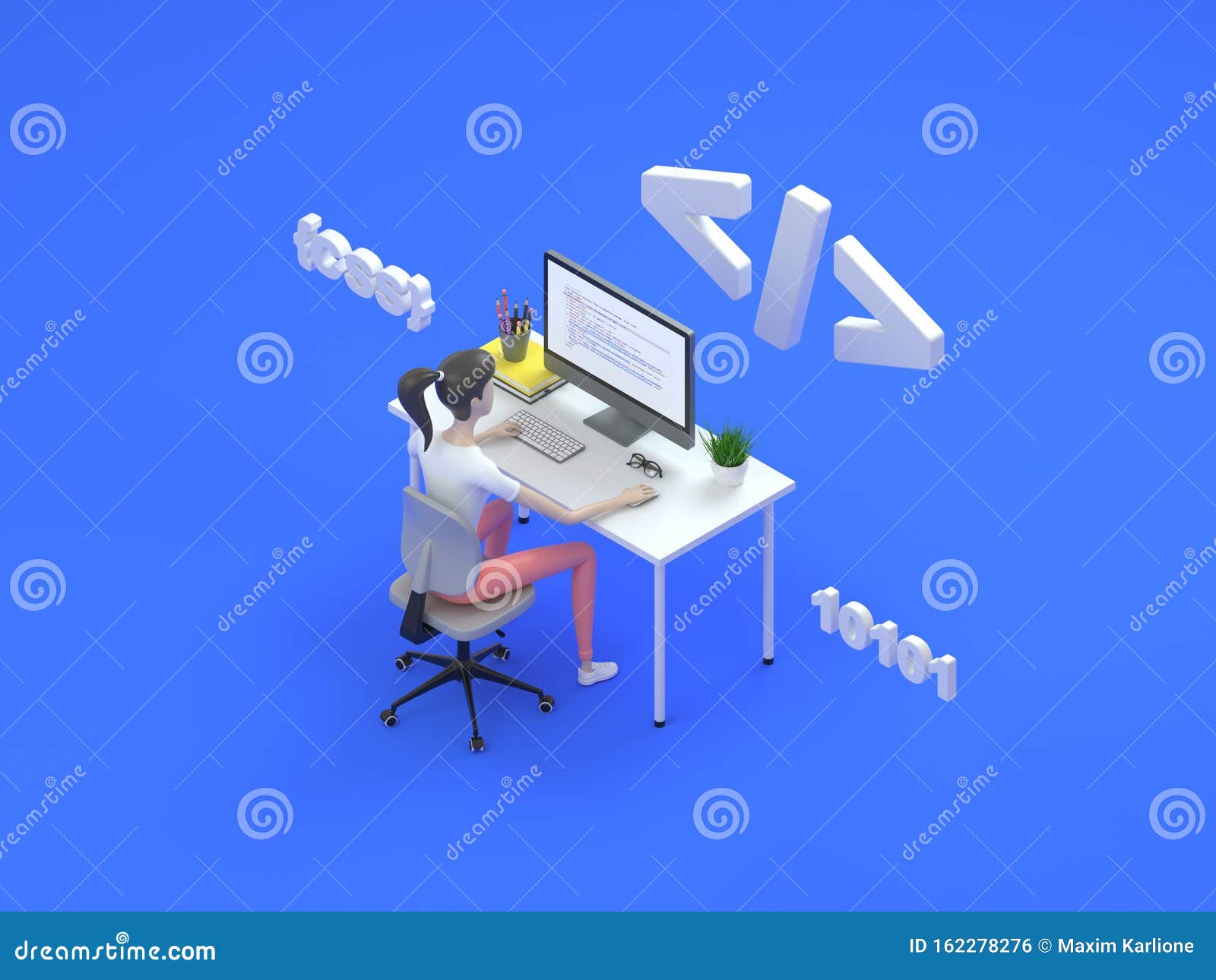 Woman Web Developer Working on Freelance. Isometric Illustration Icon ...