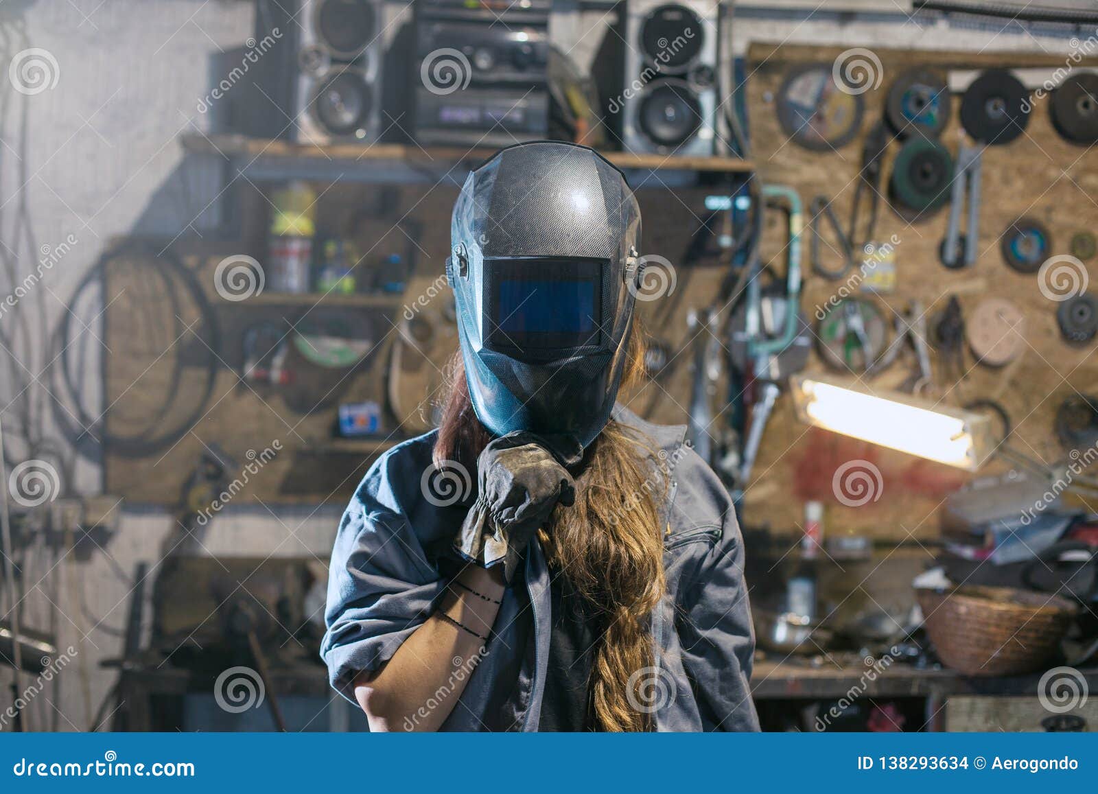 Woman with welding mask stock photo. Image of industrial - 138293634