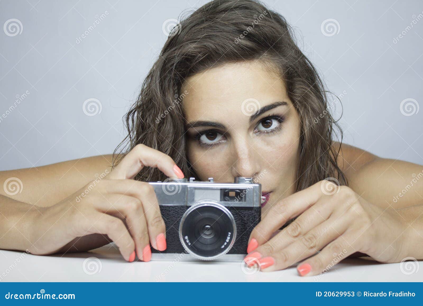 Woman whit old camera stock image. Image of model, girl - 20629953