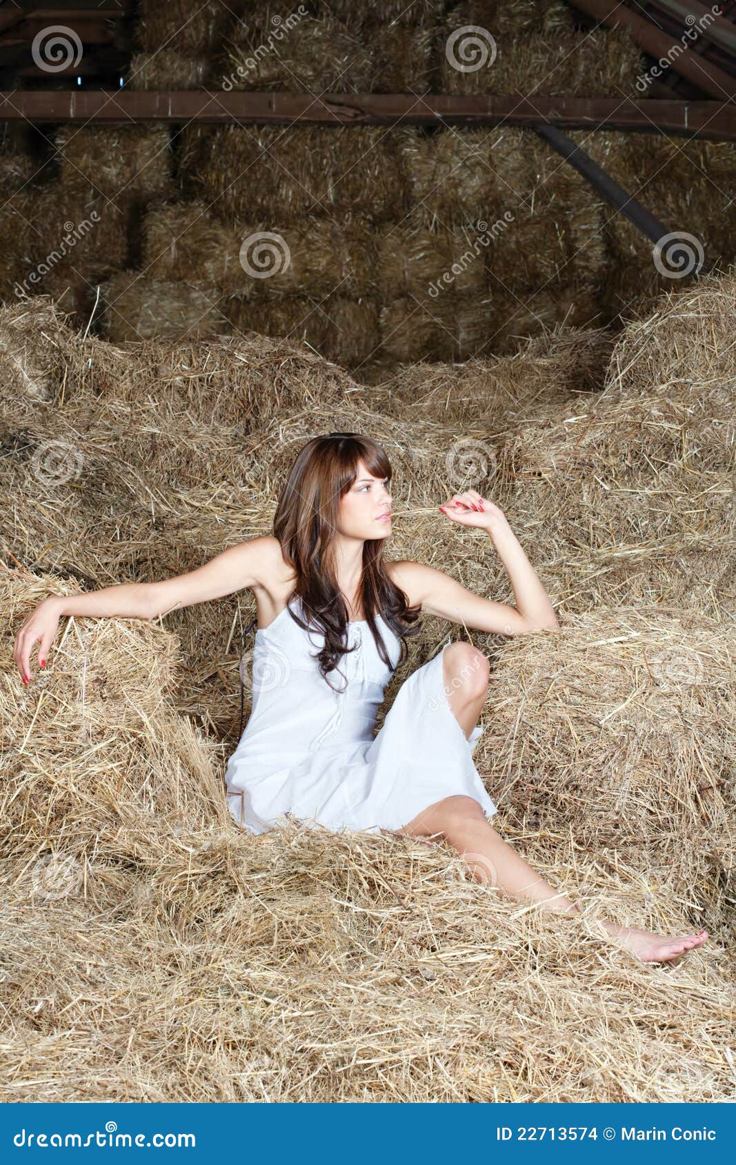 Woman in White Dress on Haystack Stock Photo - Image of country, person ...