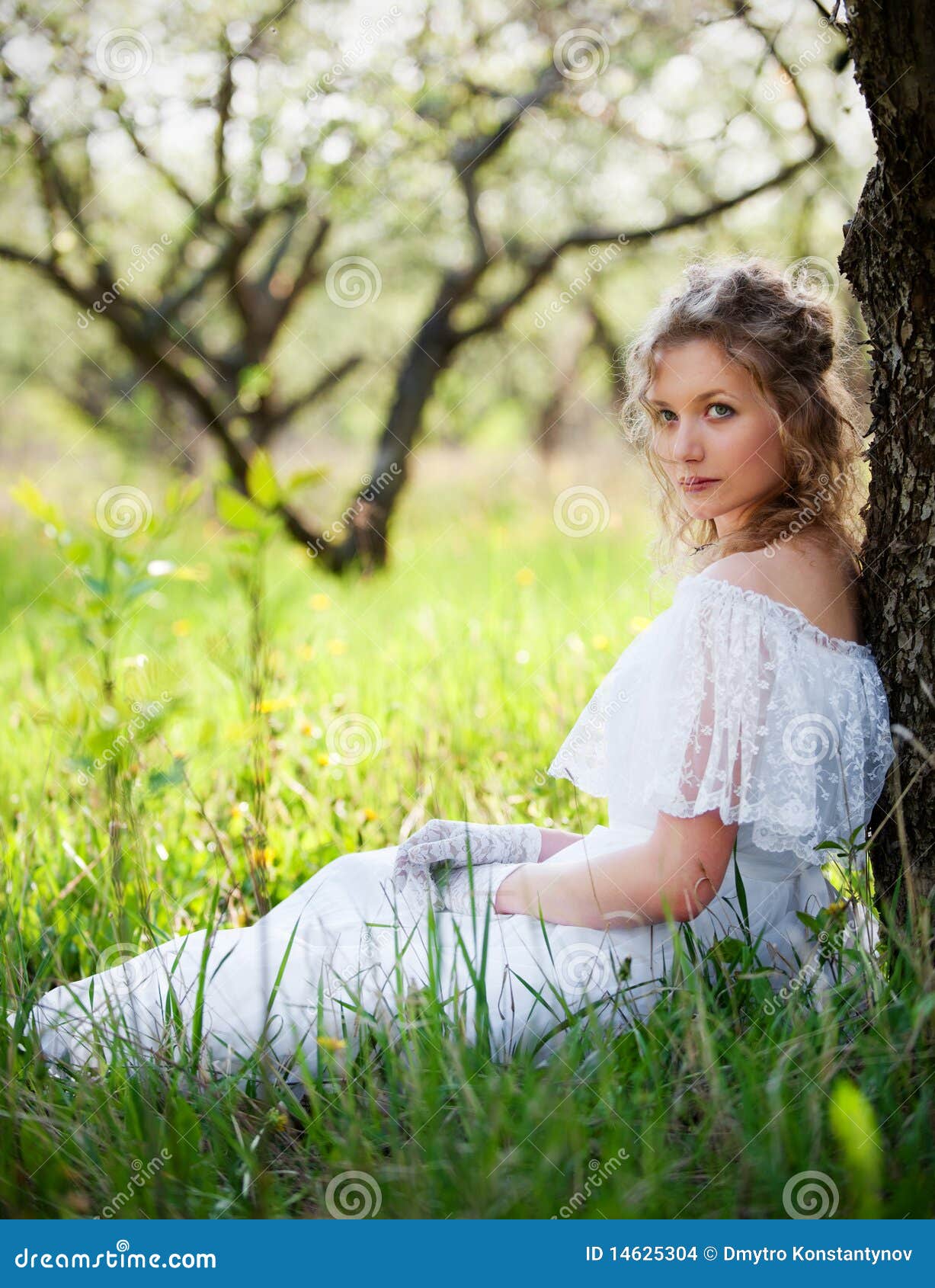 Woman in White Dress Sitting on Grass Stock Photo - Image of orchard ...