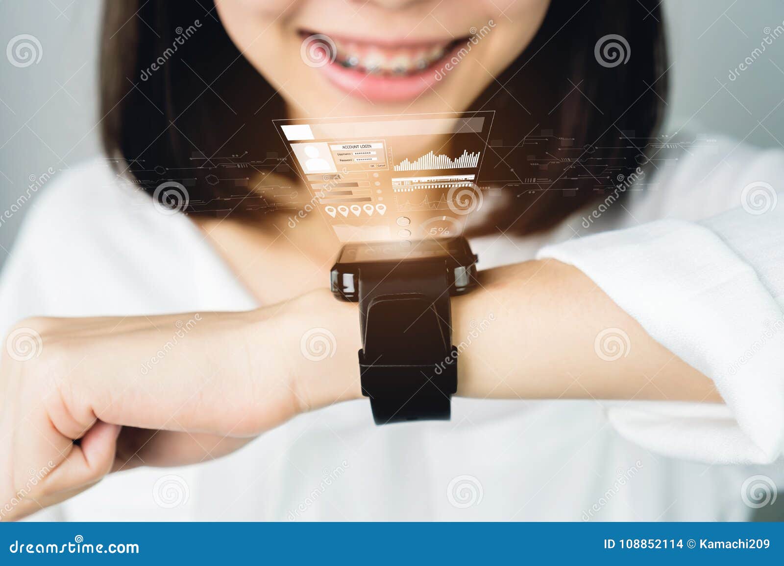 Woman In A White Dress Using A Digital Clock In The Display And Technology Advances In