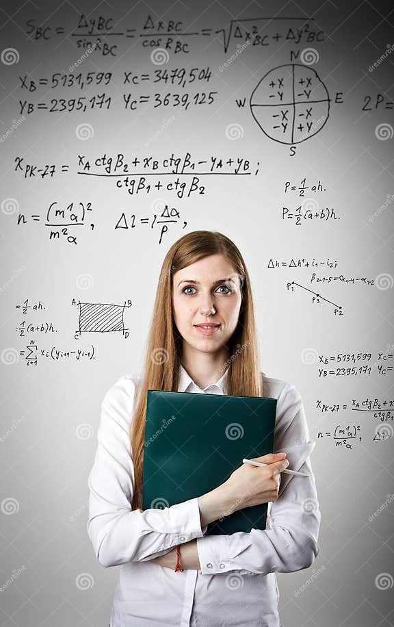 Woman in White is Holding a Folder. Equation. Stock Photo - Image of ...