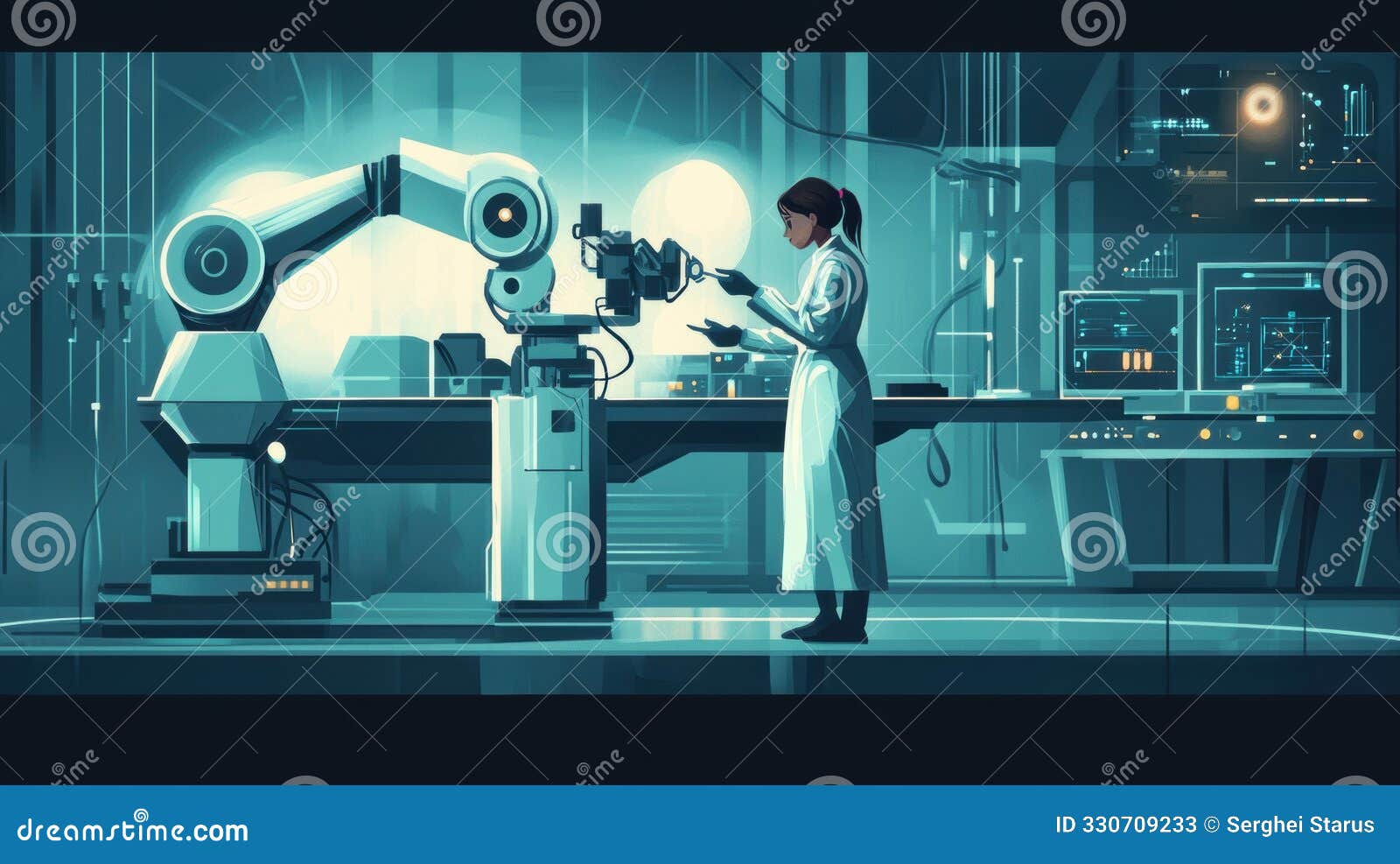 A Woman in White Lab Coat Working on a Robot, AI Stock Image - Image of ...