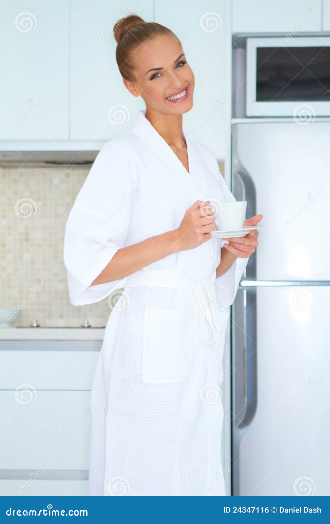Woman in White Robe Drinking Coffee Stock Photo - Image of morning ...