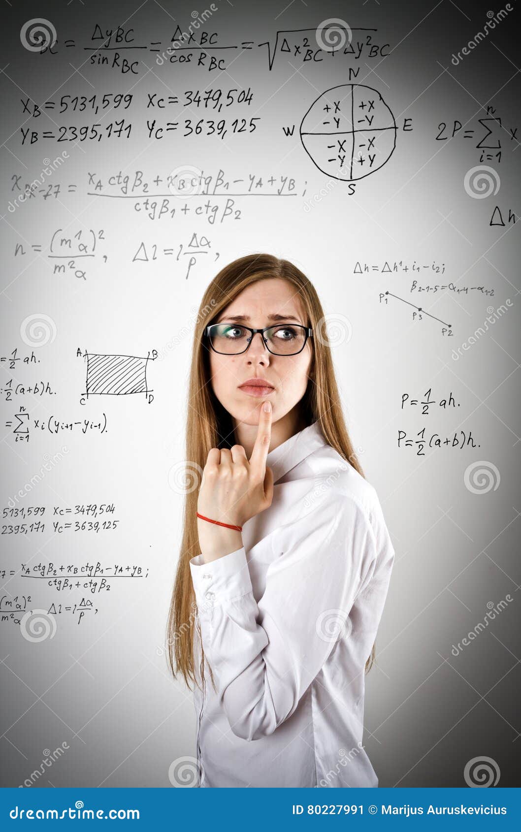 Woman in White is Solving Equation Stock Image - Image of look ...