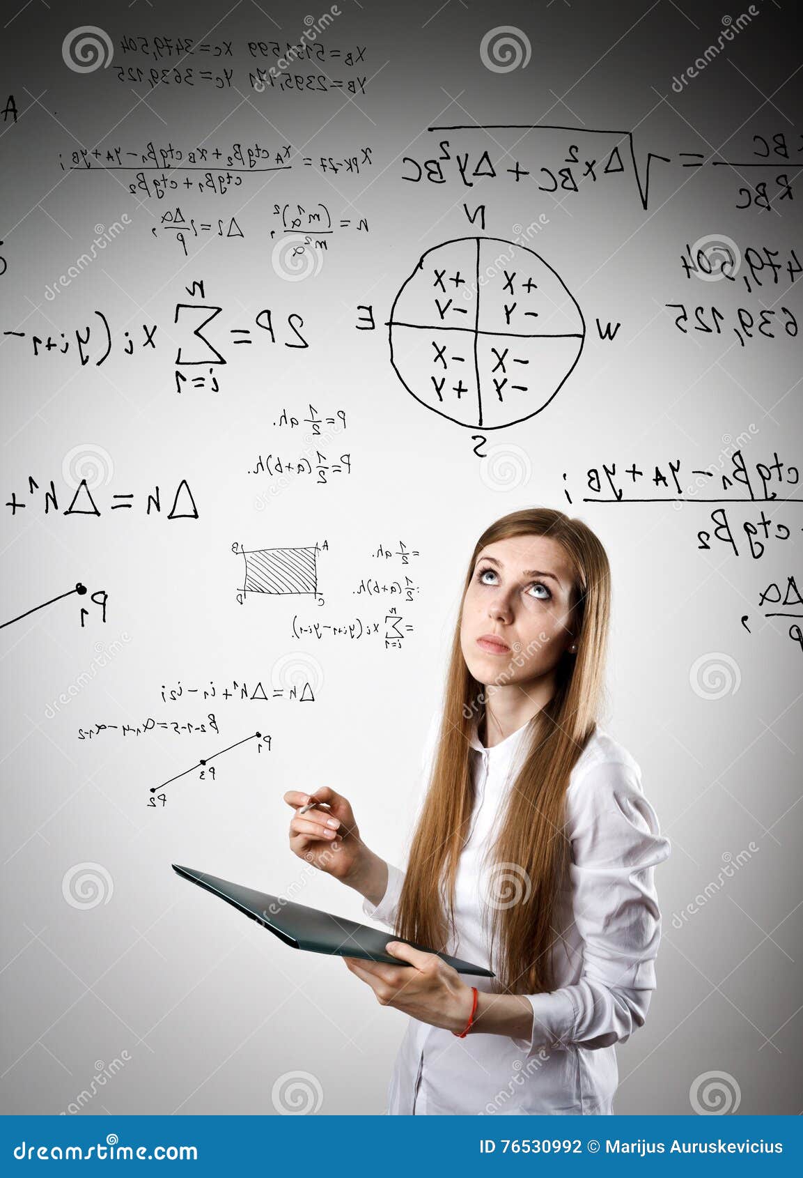Woman in White is Solving Equation Stock Photo - Image of girl, book ...