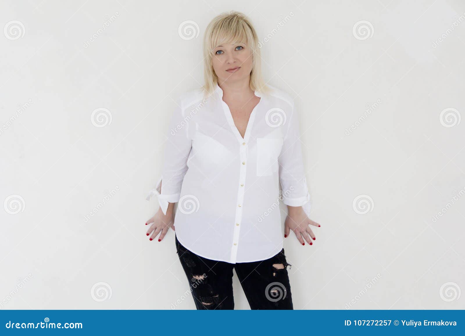 Woman in White Stand Inside Empty Room Stock Image - Image of mature ...