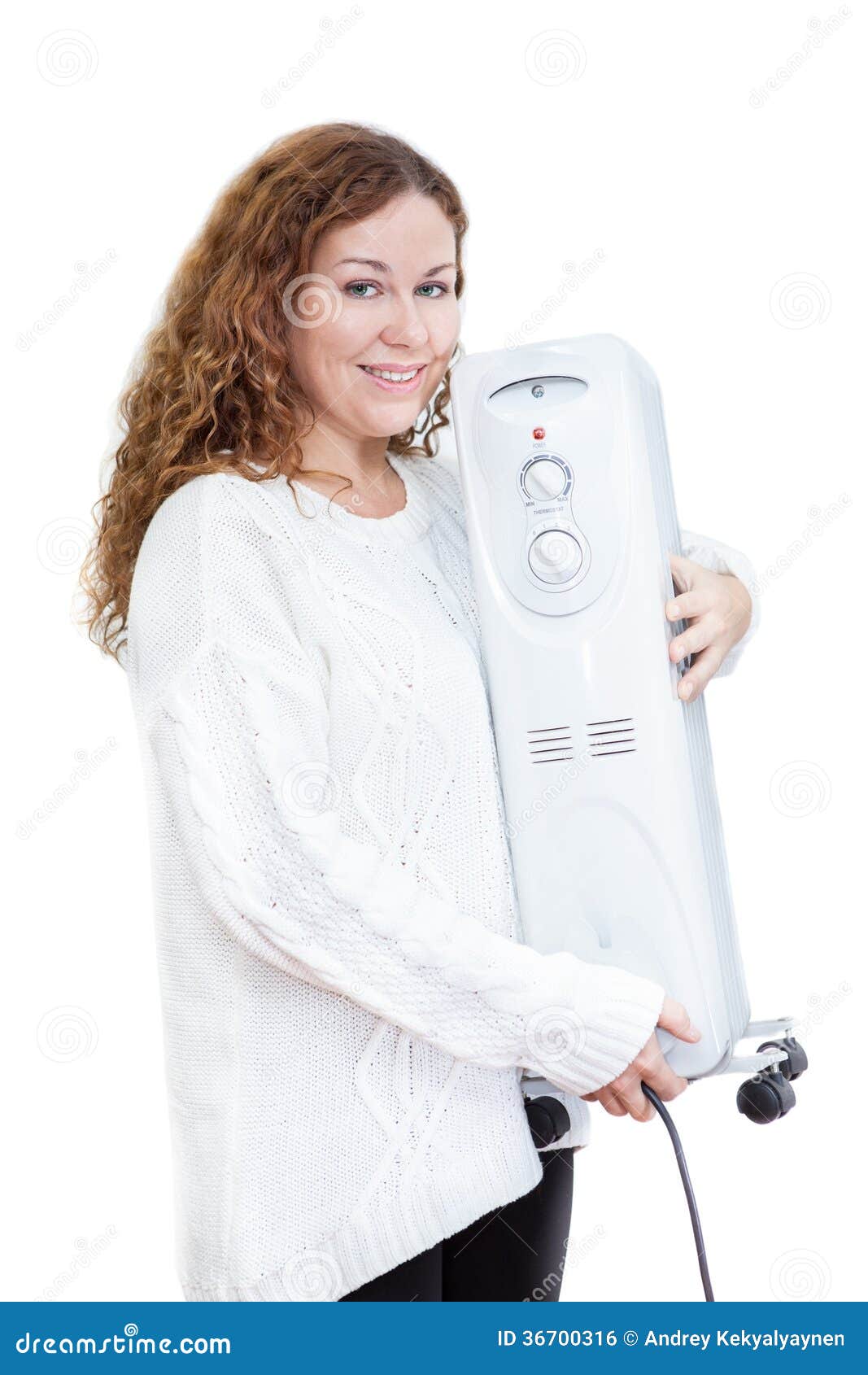 Woman in White Sweater with Heater in Hands Stock Photo - Image of ...