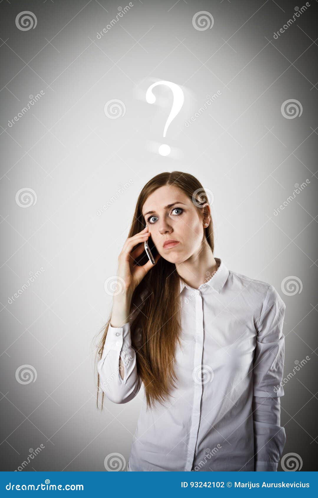 Woman in White with Telephone. Question Concept. Stock Photo - Image of ...