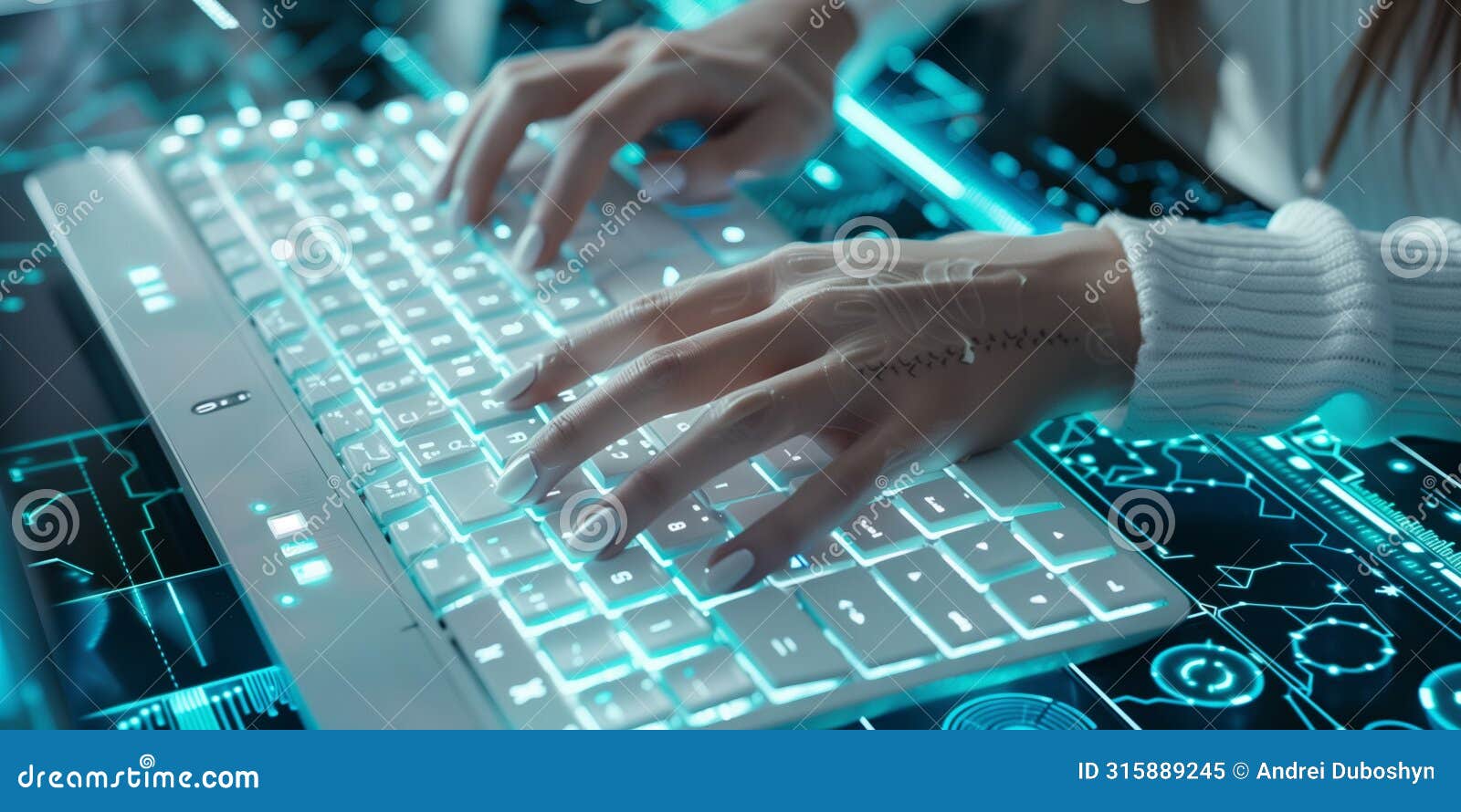 Woman in White Typing on Bright Keyboard on Blue Screen Table Stock ...