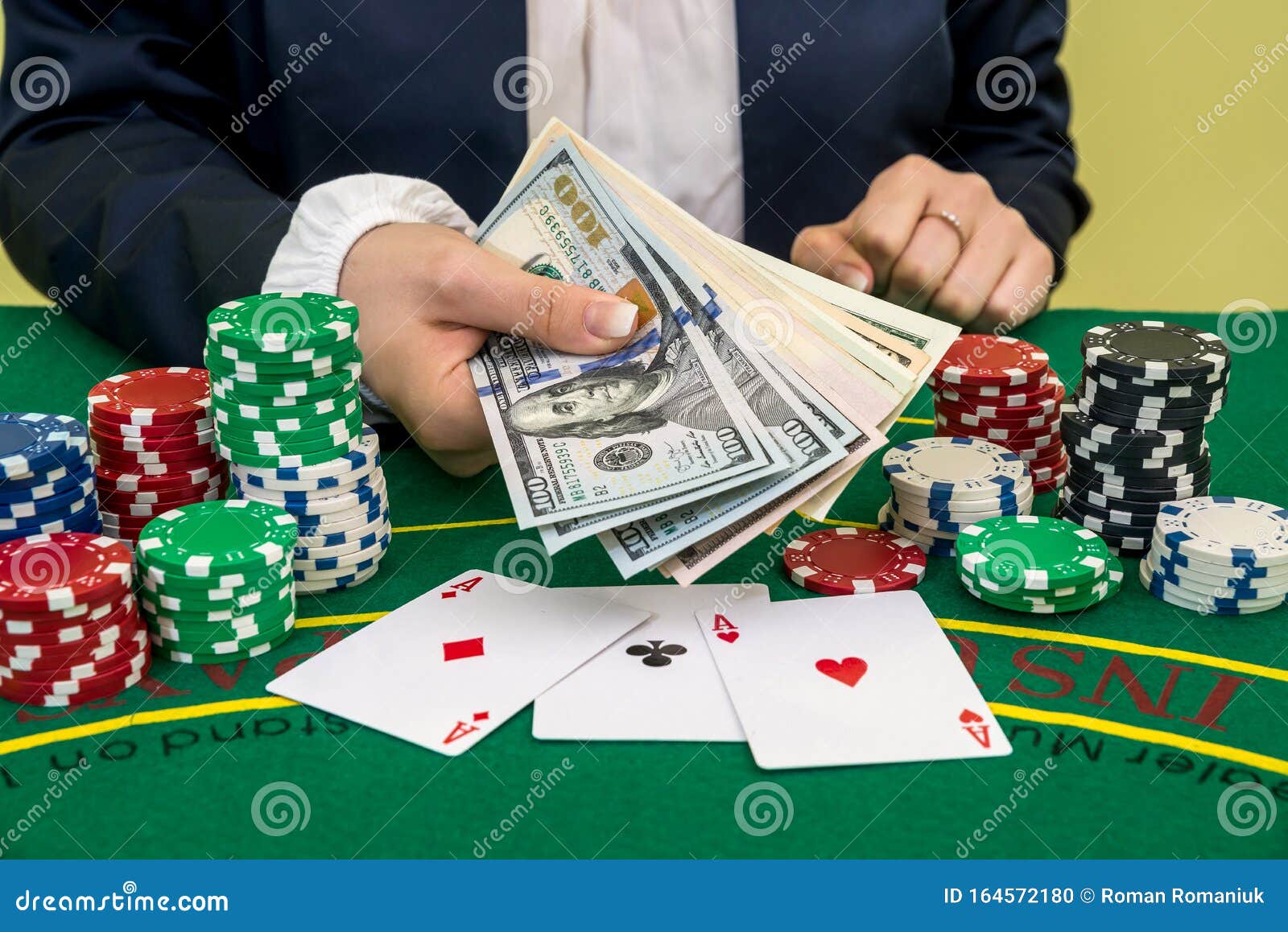 Woman Win Dollar Bills, Play Card and Chips Stock Photo - Image of full ...