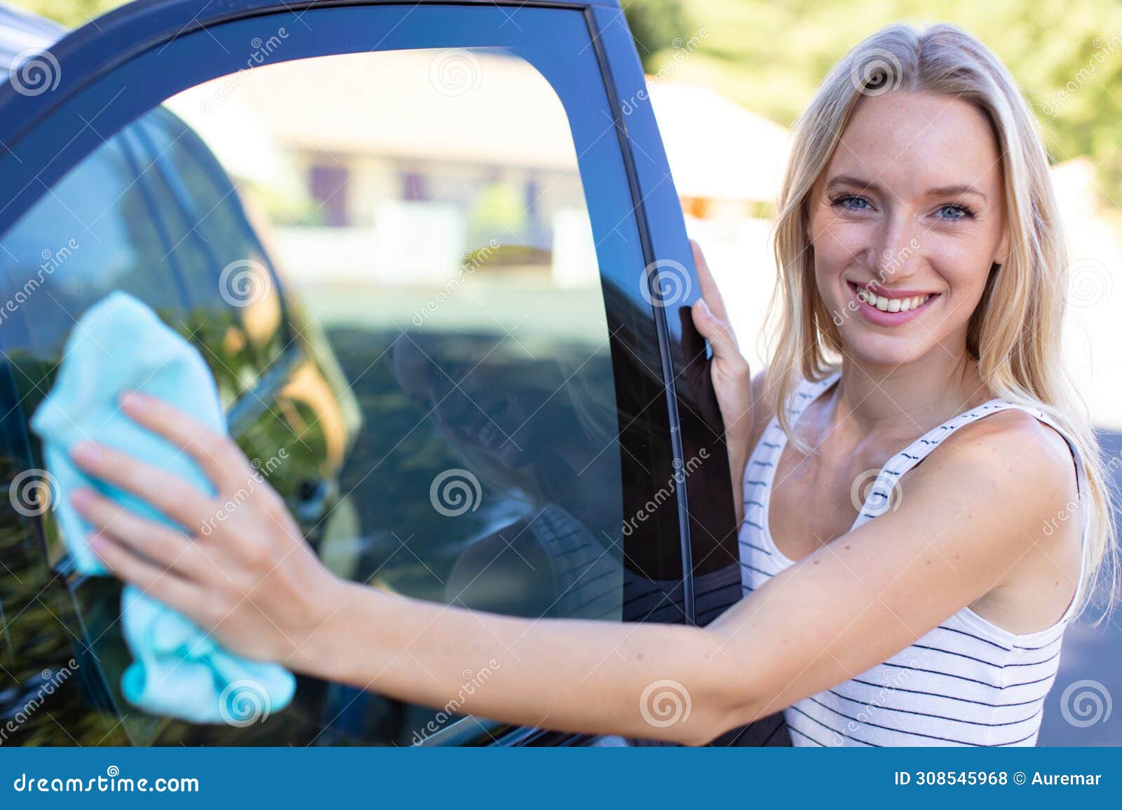 Woman Wiping Car Window with Microfiber Cloth Stock Photo - Image of ...