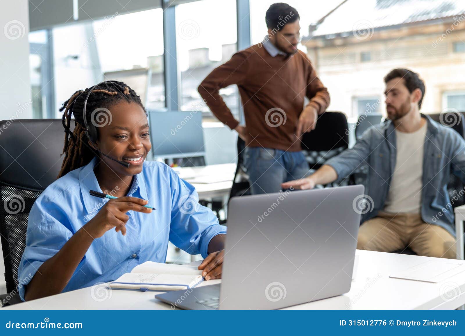 Woman in Wireless Headset Talking on Laptop Computer Talk by Webcam ...