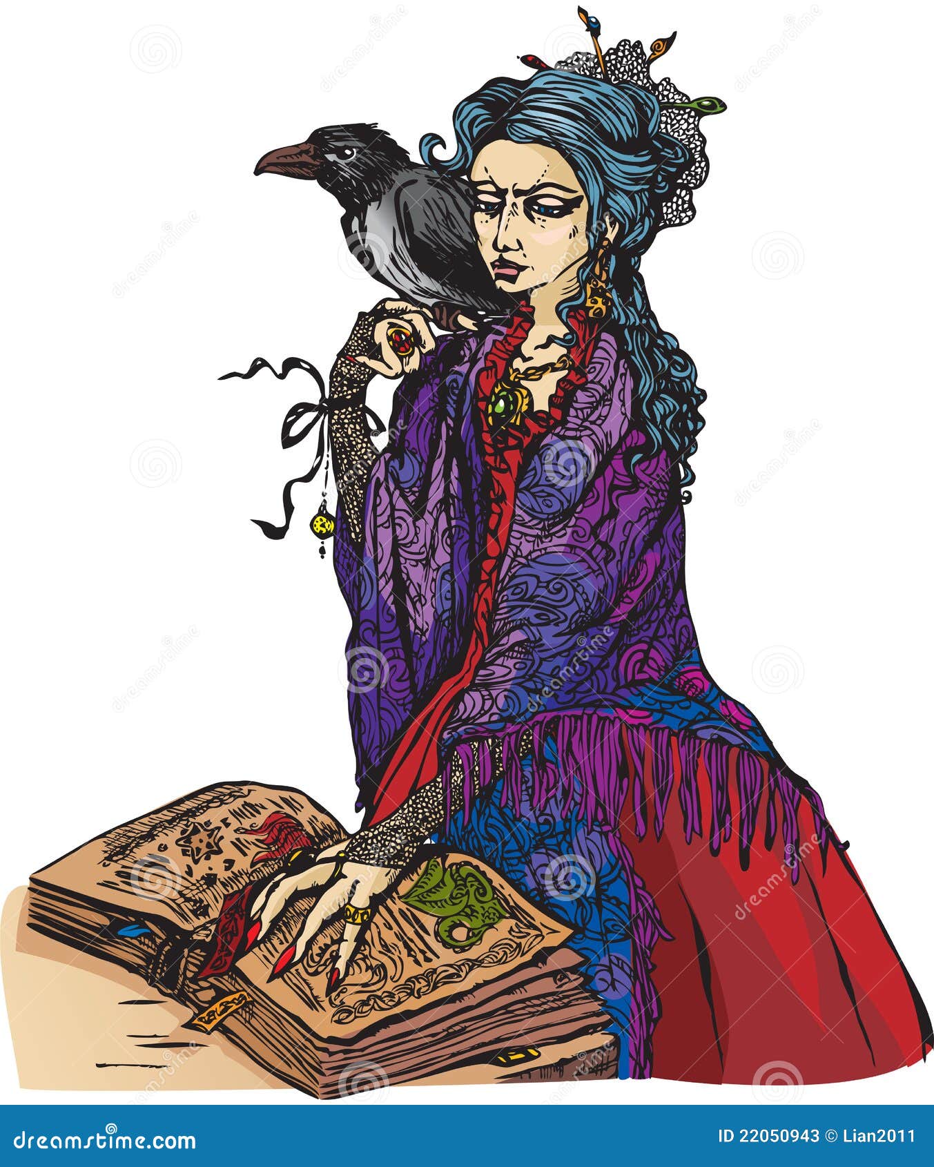 Woman Witch with Black Raven Stock Vector - Illustration of broom ...