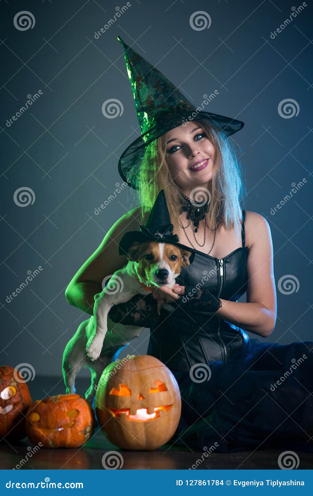 Woman in a Witch Costume with a Dog Stock Photo - Image of holiday ...