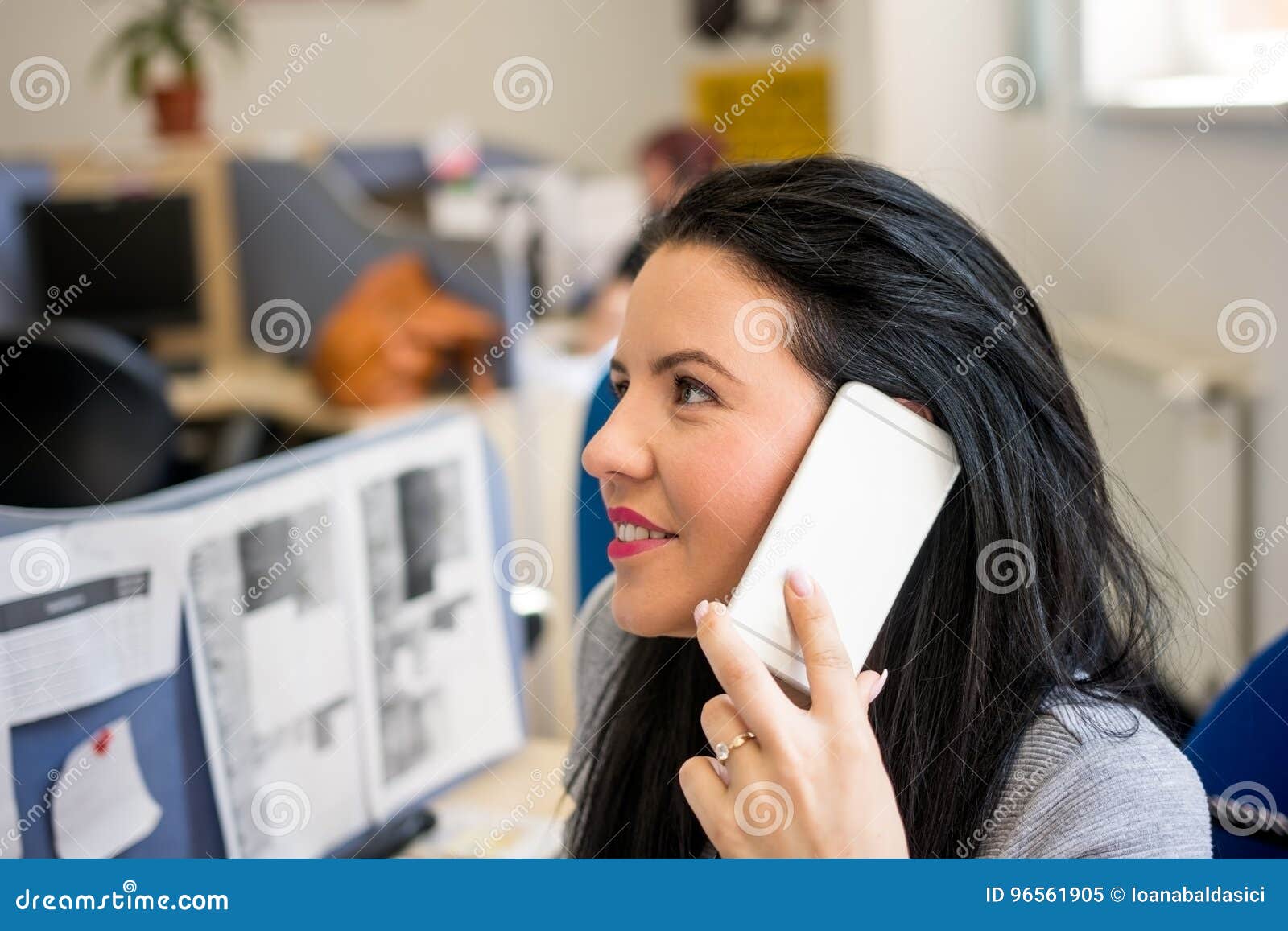 Woman at Work Gives To Customers Information Using Mobile Phone Stock ...