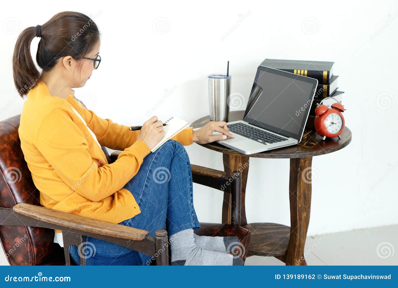 Woman Work at Home with Her Computer and Paper Stock Photo - Image of ...