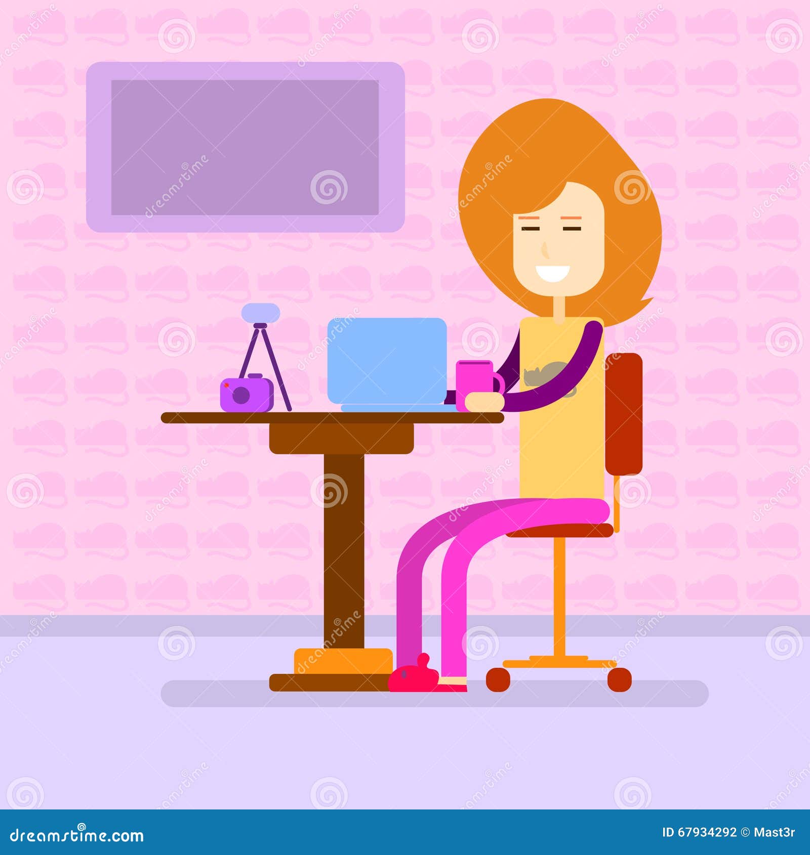 Woman Work Laptop Computer, Sitting Desk Stock Vector - Illustration of ...