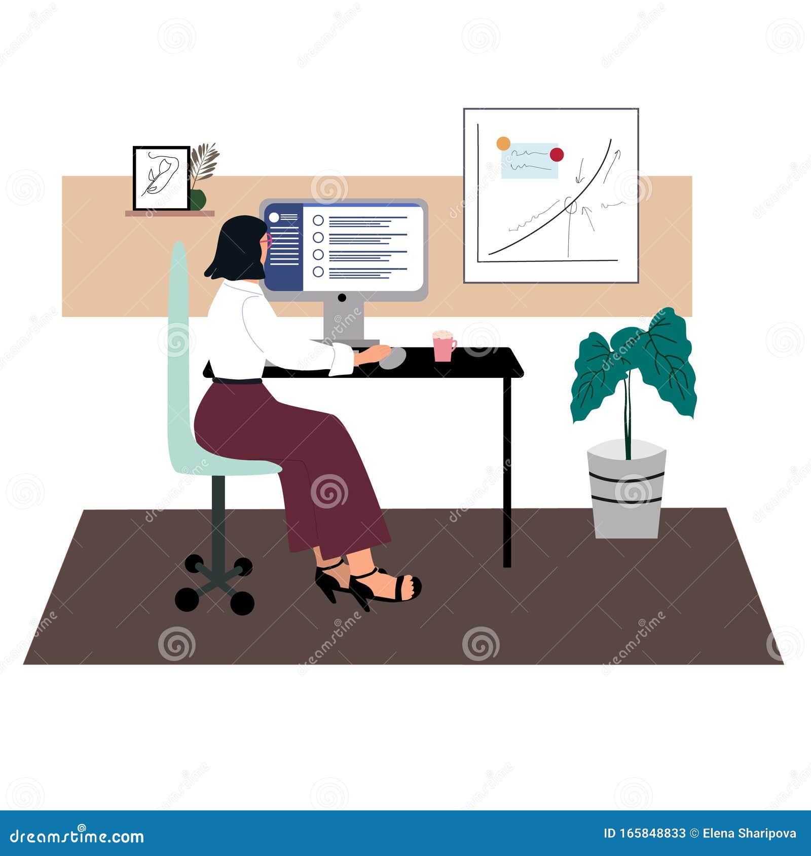 Woman at Work in the Office. Young Girl is Working at the Desk on the ...