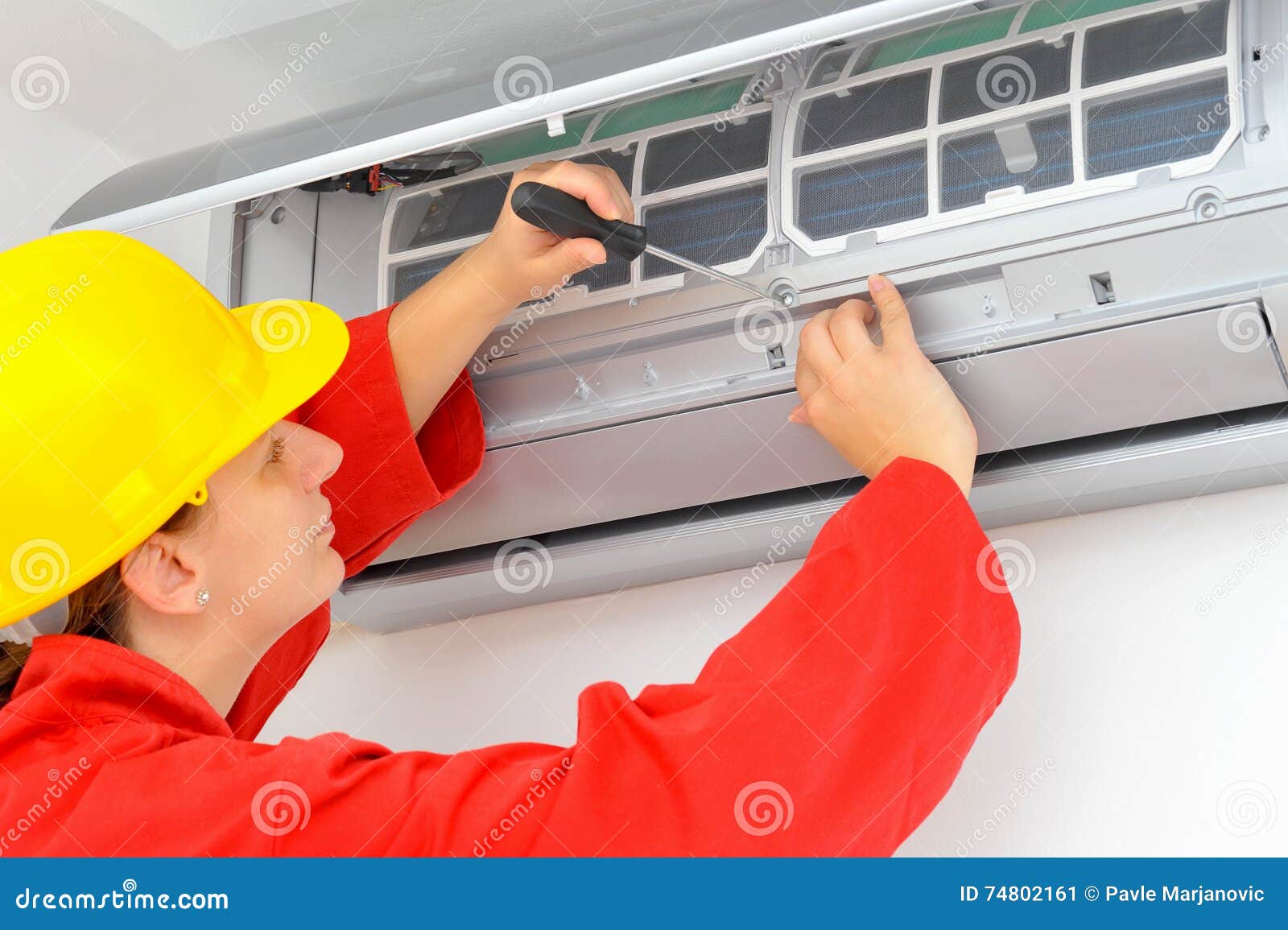 Woman Worker Adjusting Air Conditioner System Stock Image - Image of ...
