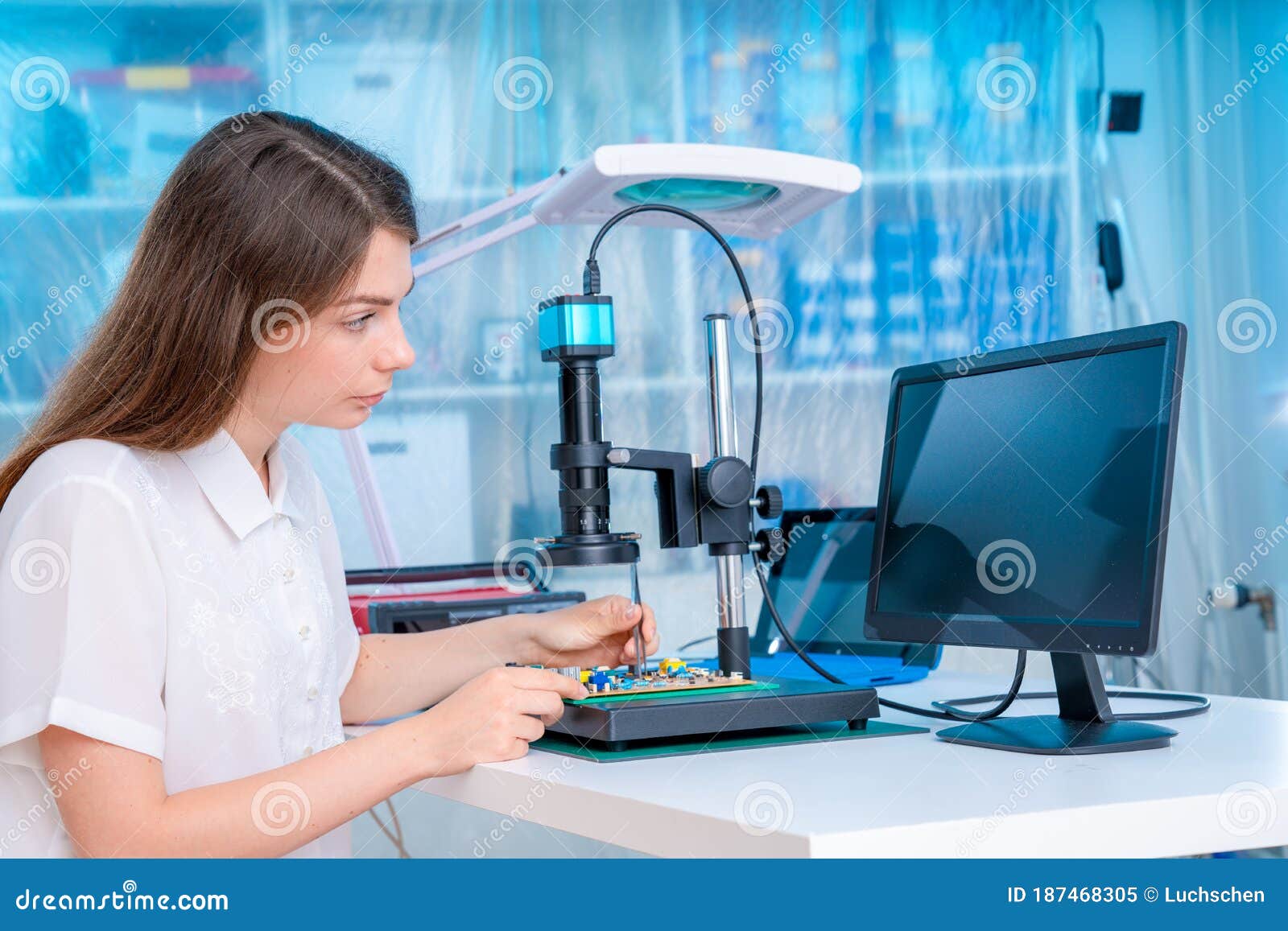 Woman Worker in Laboratory of Electronics Devices Stock Image - Image ...