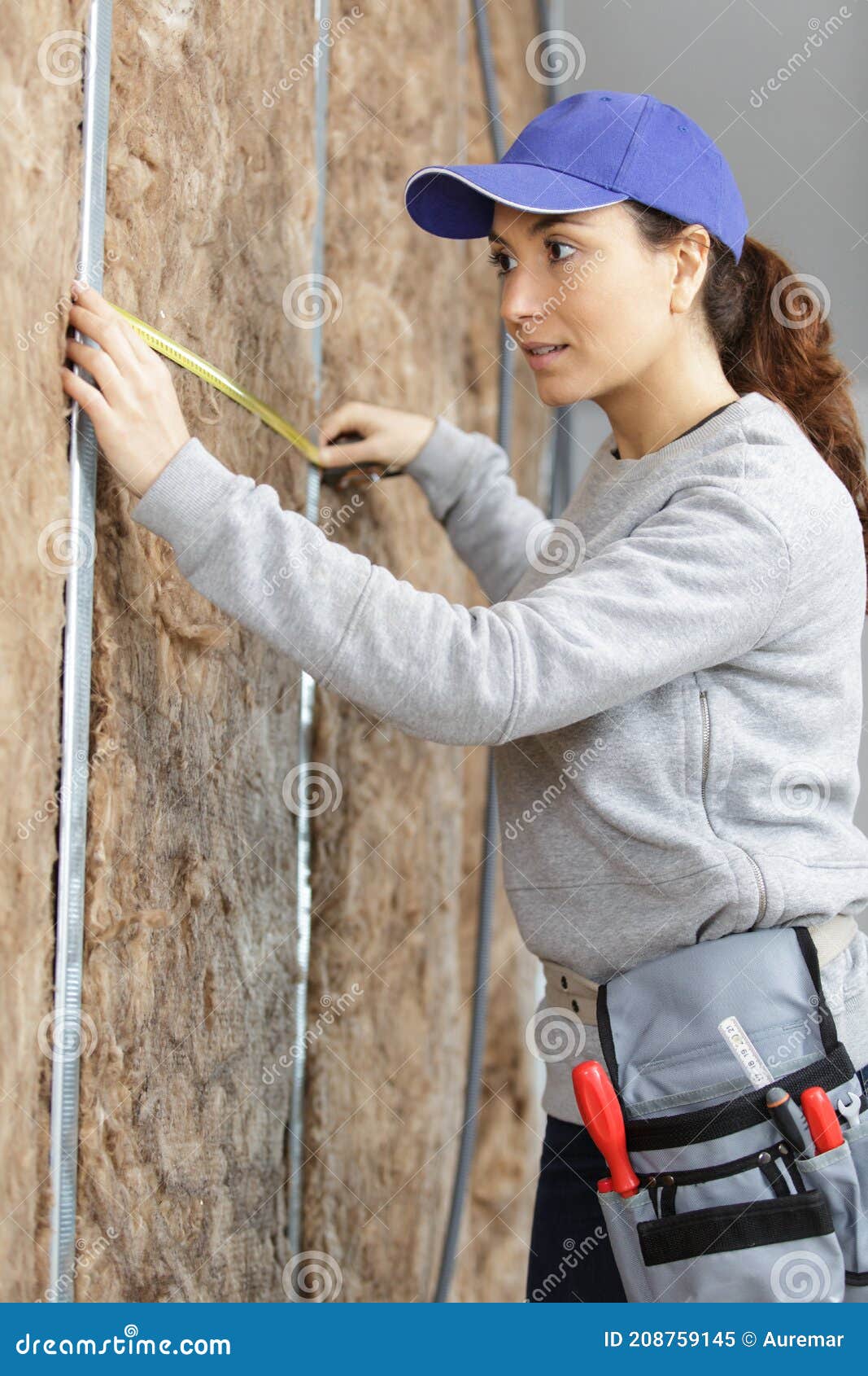 Woman Worker Measures Insulation Works Stock Image - Image of builder ...