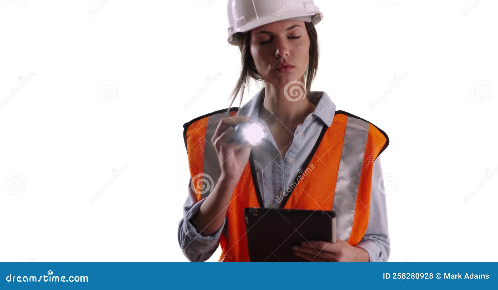 Woman Worker in Safety Gear with Tablet and Flashlight on Solid White Copy Space Stock Footage ...