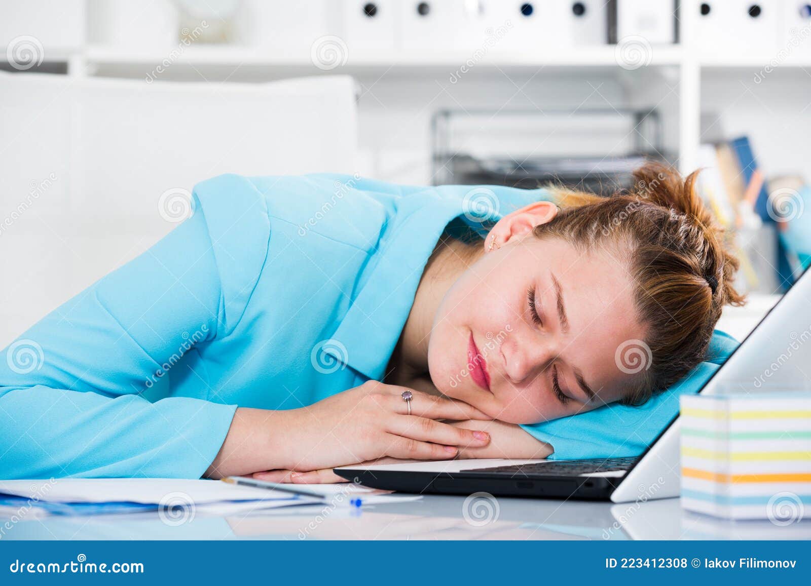 Woman Worker is Sleeping at Work after Putting the Reports Stock Photo ...