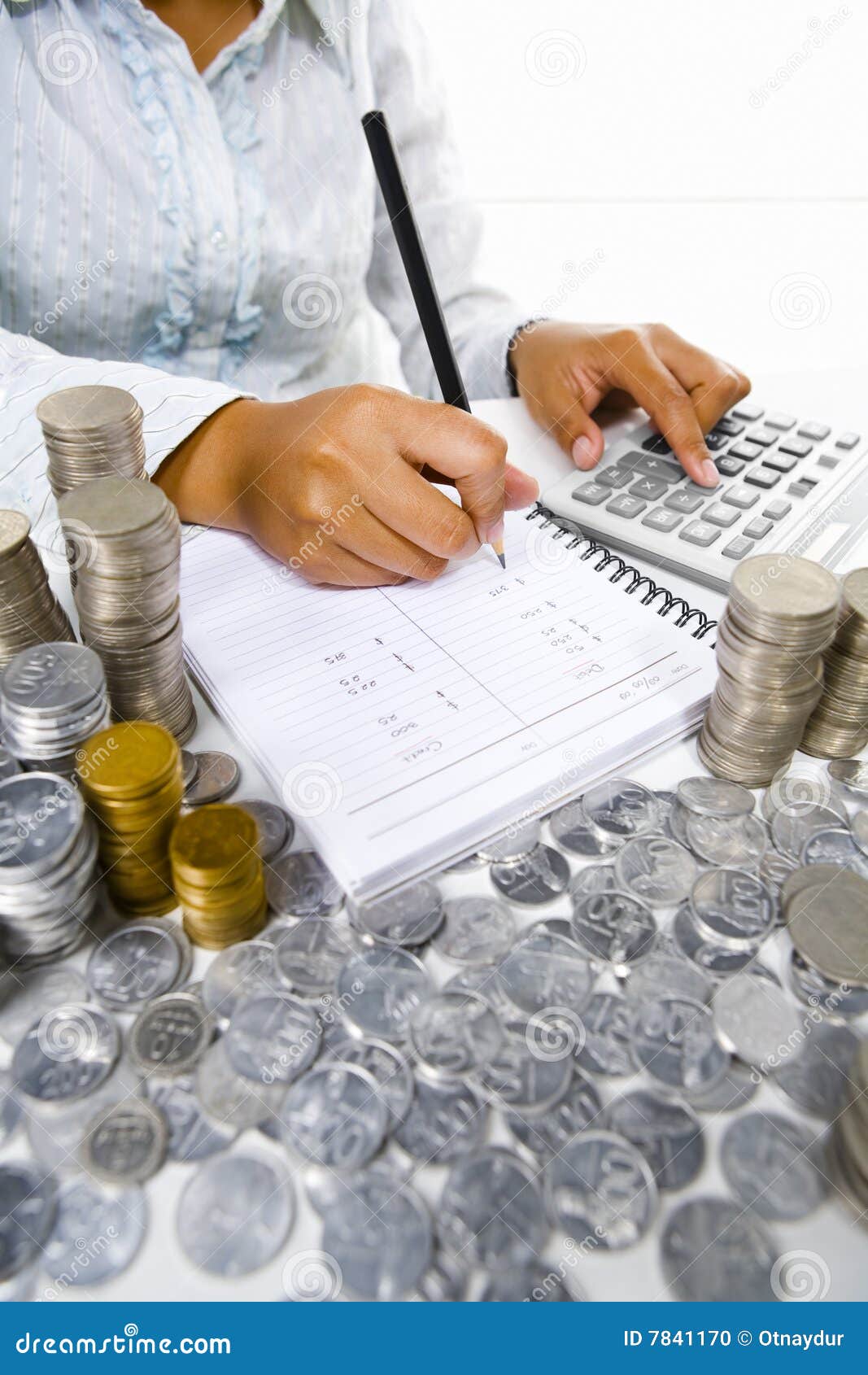 Woman Working on Accounting with Many Coins Around Stock Photo - Image ...