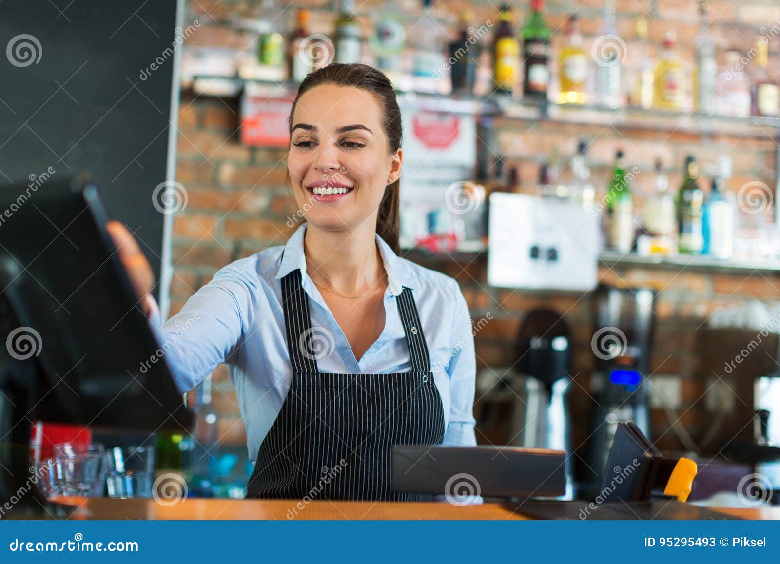 Woman working at cafe stock image. Image of food, cafen - 95295493