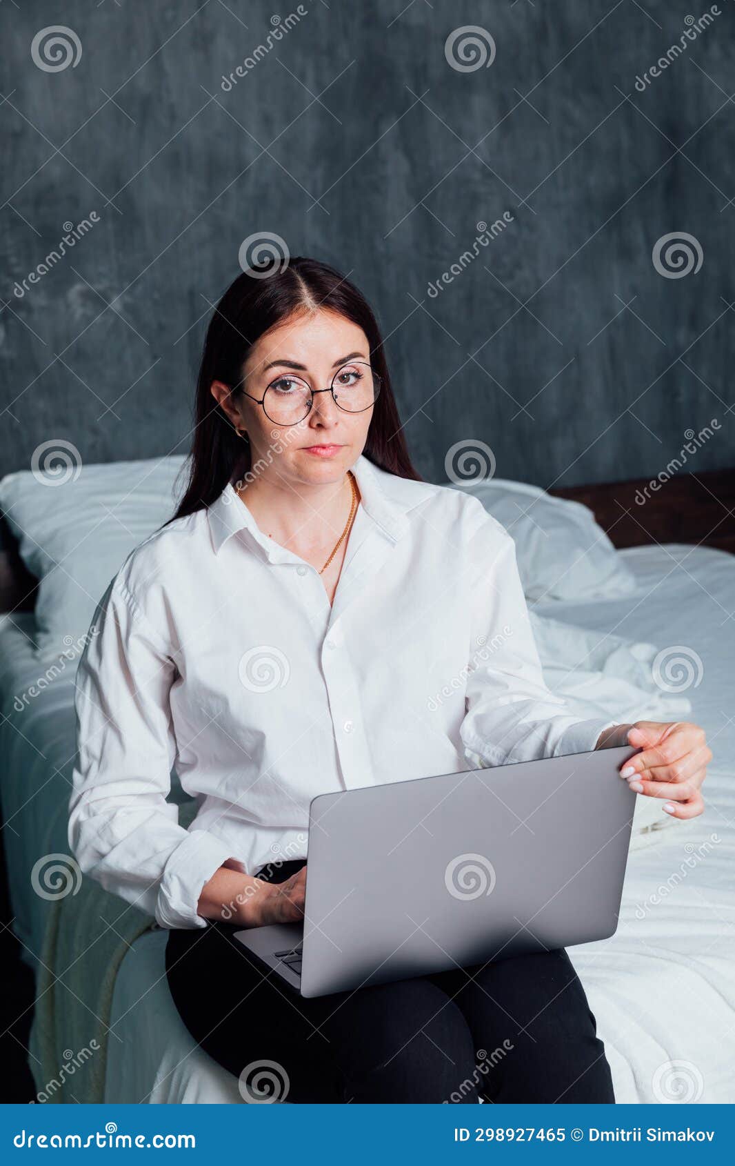 Business Woman Working at Computer in Bedroom on Bed Stock Image ...