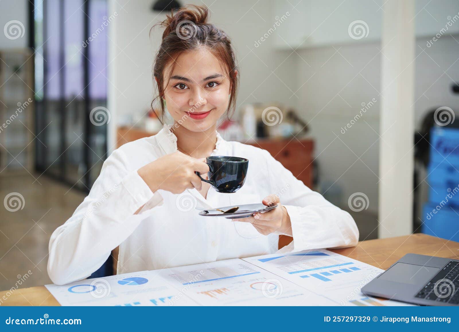 Woman Working on a Computer, Budgeting Documents and Drinking Coffee ...