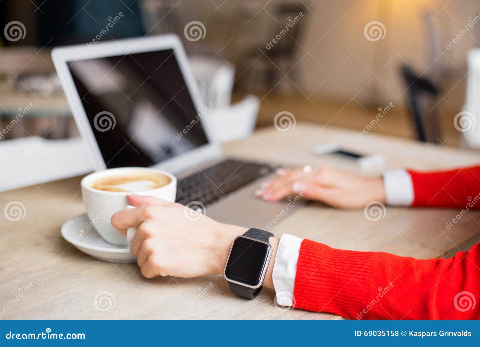 Woman Working with Computer in Cafe Stock Photo - Image of savvy ...