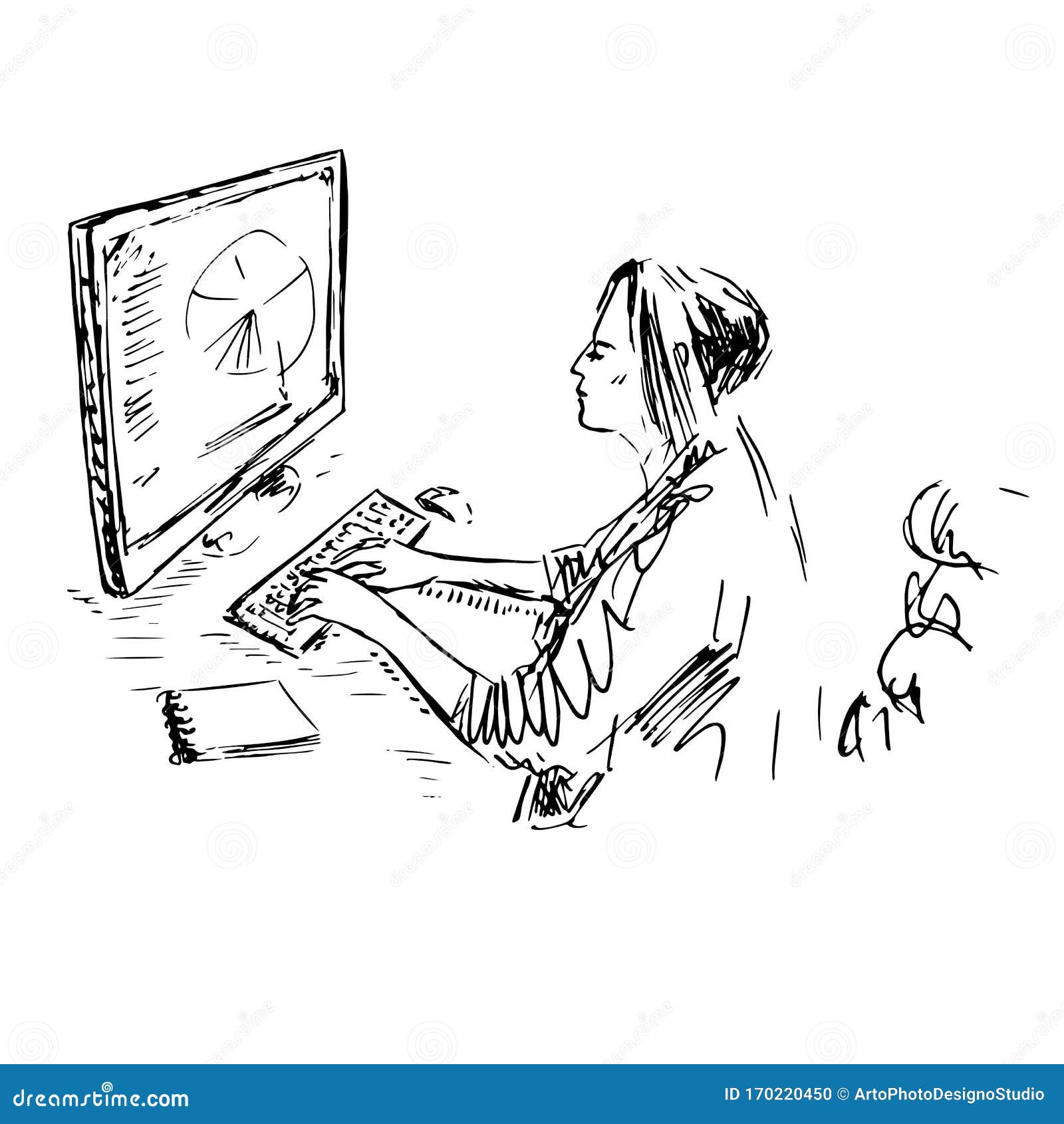 Woman Working on Computer with Charts, Hand Drawn Doodle, Sketch, Black ...