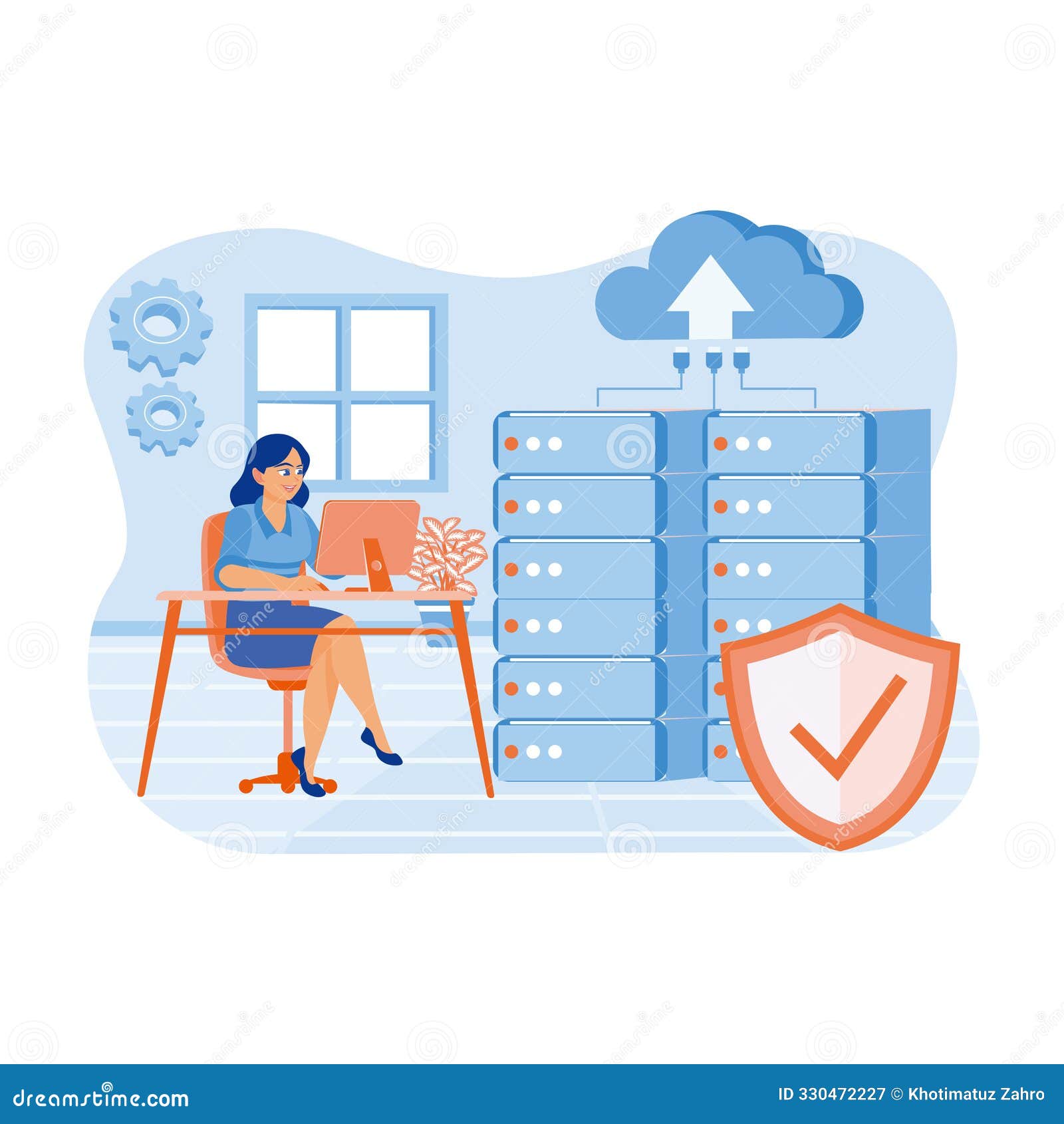 Woman Working at the Computer. Connected Data Storage Technology in ...