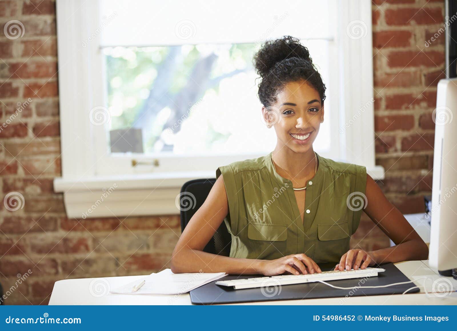 Woman Working at Computer in Contemporary Office Stock Photo - Image of ...