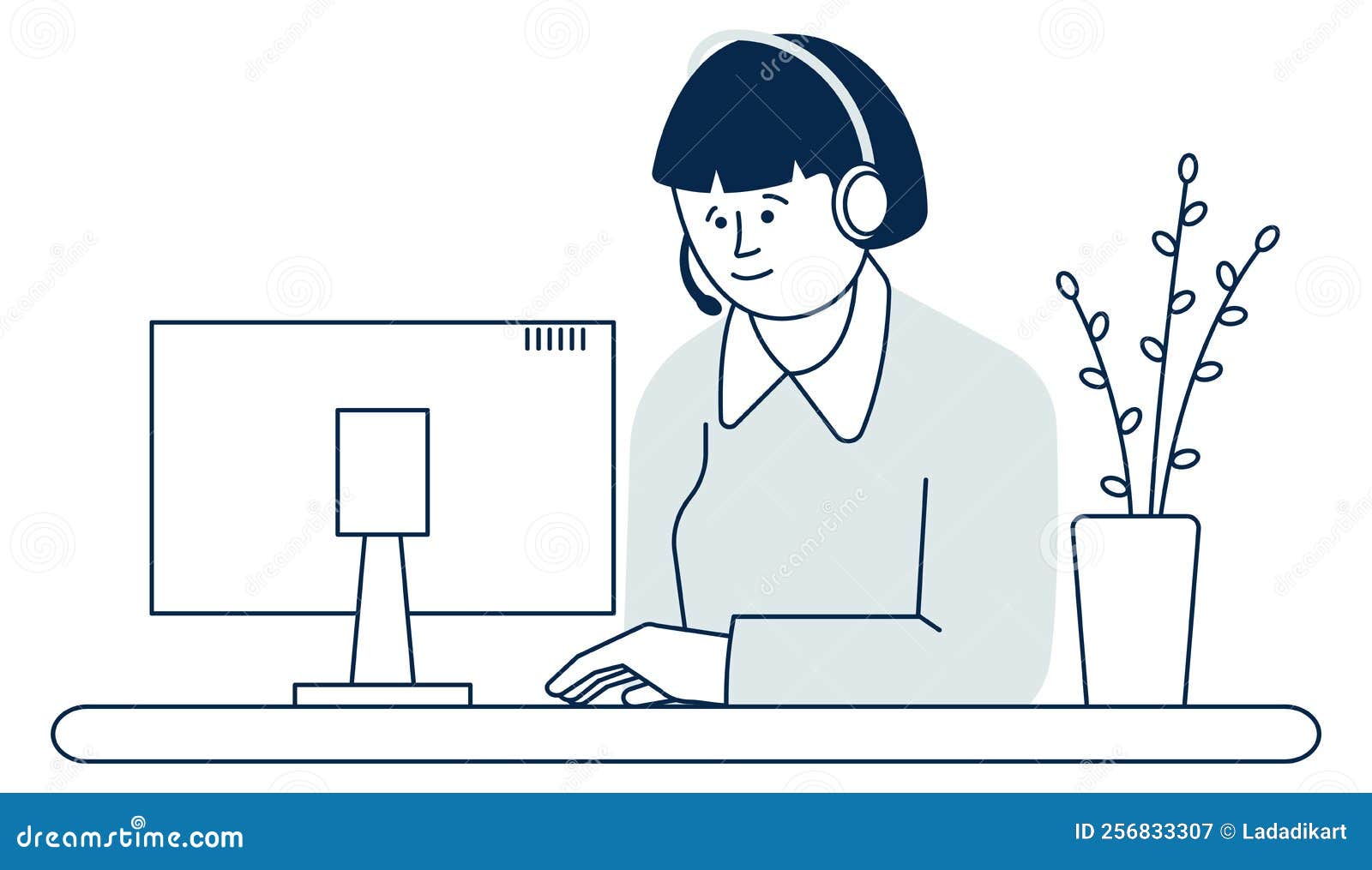 Woman Working on Computer in Headset. Office Job Concept Stock Vector ...