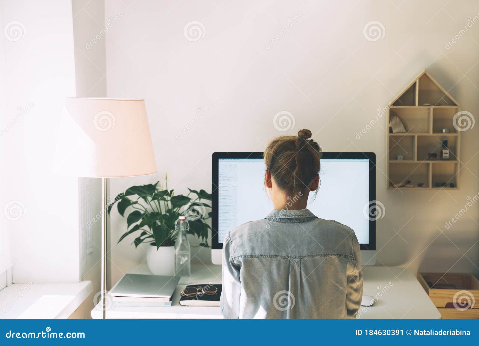 Woman Working on Computer at Home Office Stock Image - Image of online ...