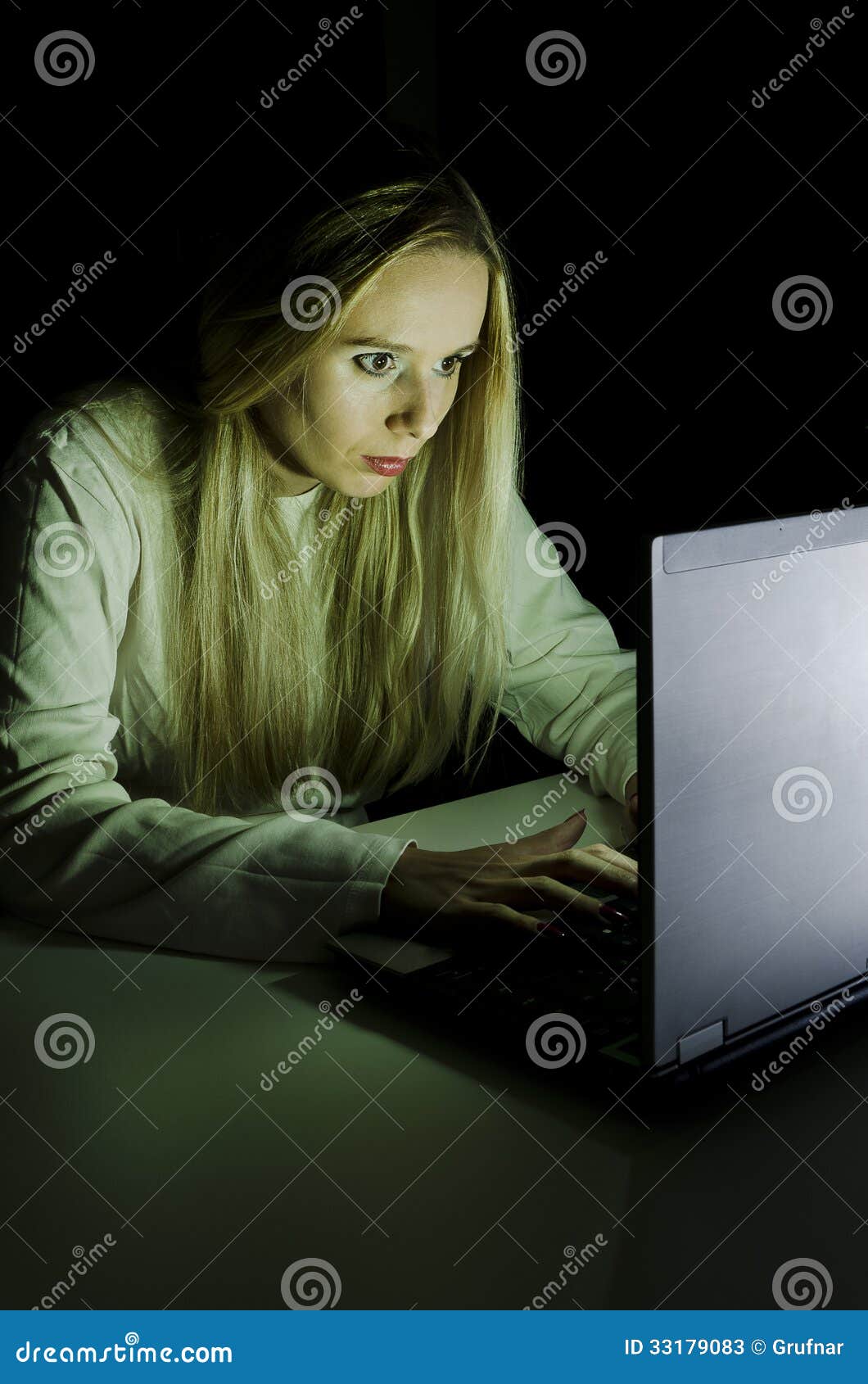 Woman Working on a Computer by Night Vertical Stock Image - Image of ...