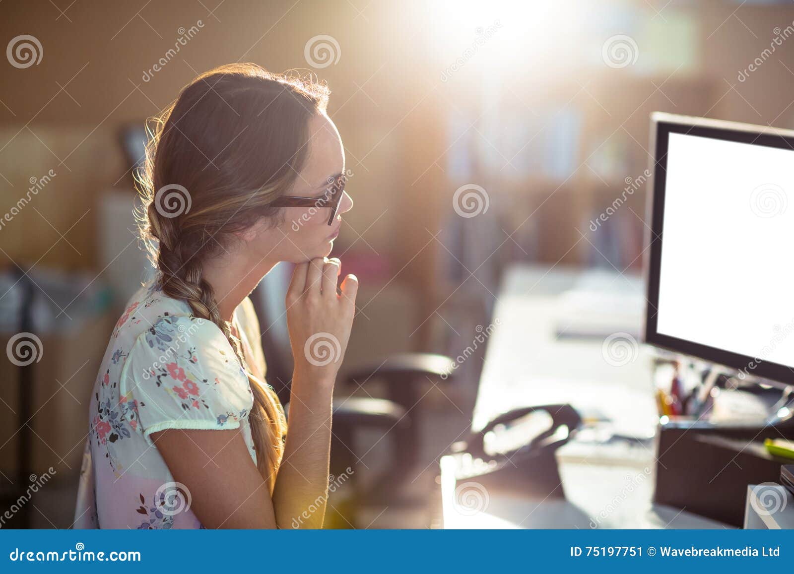 Woman working on computer stock image. Image of attentive - 75197751