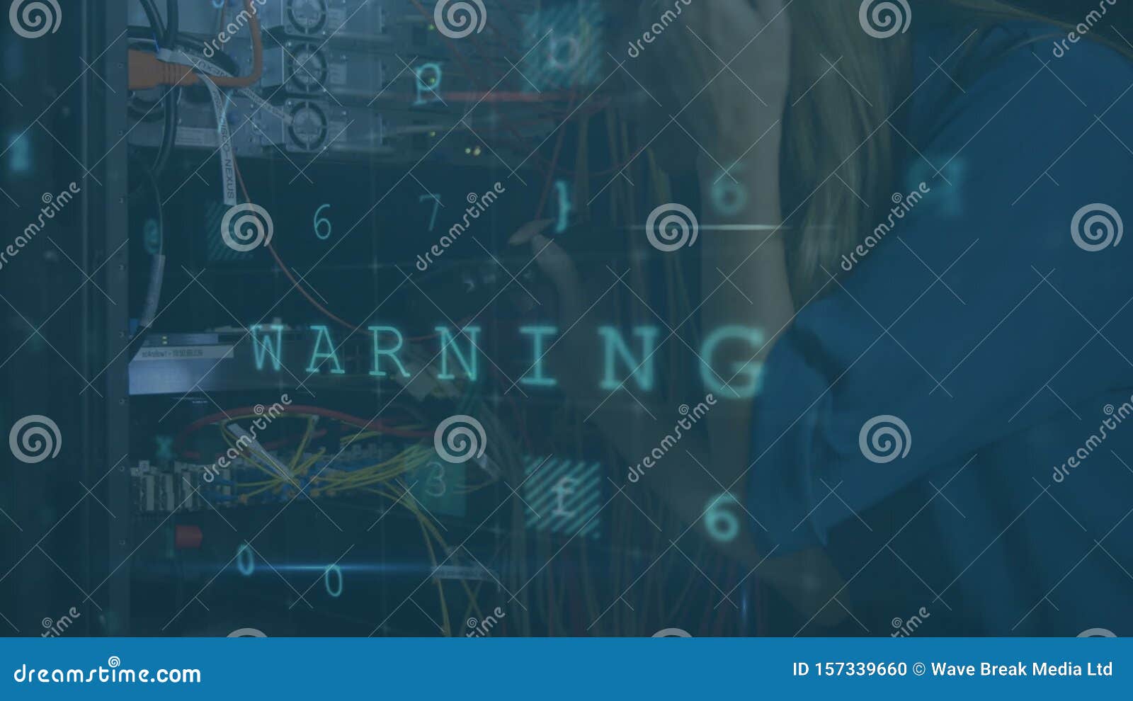 Woman Working on Computer Server while Warning Messages Appear in ...