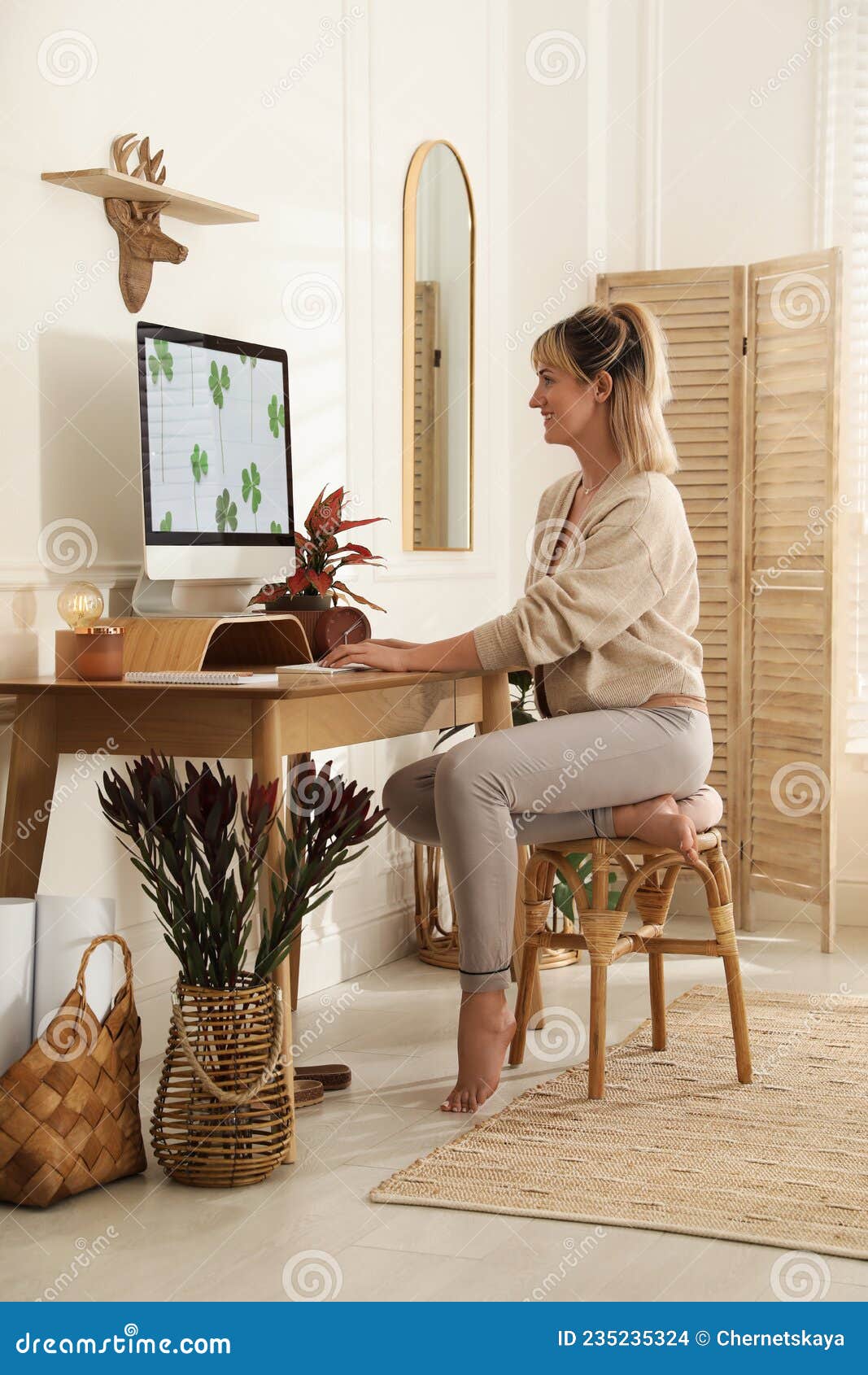 Woman Working on Computer at Table in Room. Interior Design Stock Photo ...