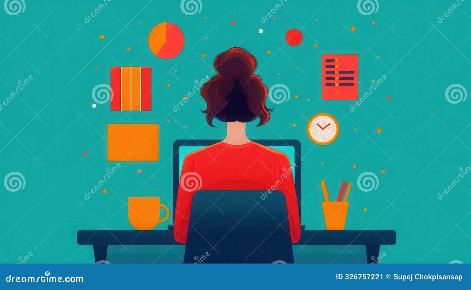 Woman Working at a Computer with Various Office Items Floating Around ...