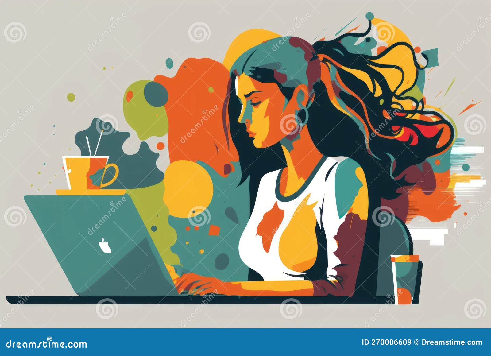 Woman Working on Desk with Laptop Productive Work. Flat Design Stock ...