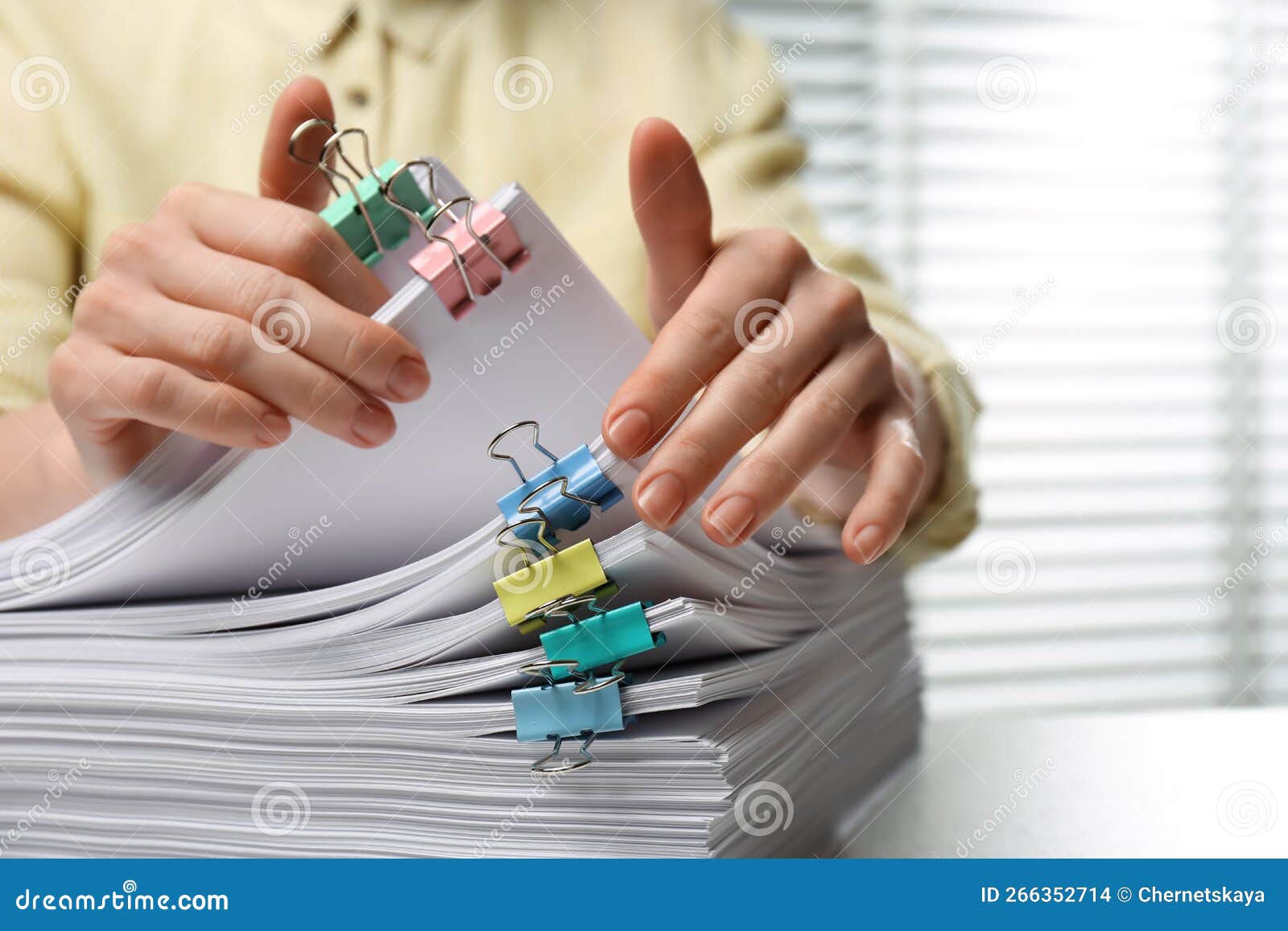 Woman Working with Documents at Table in Office, Closeup Stock Photo ...