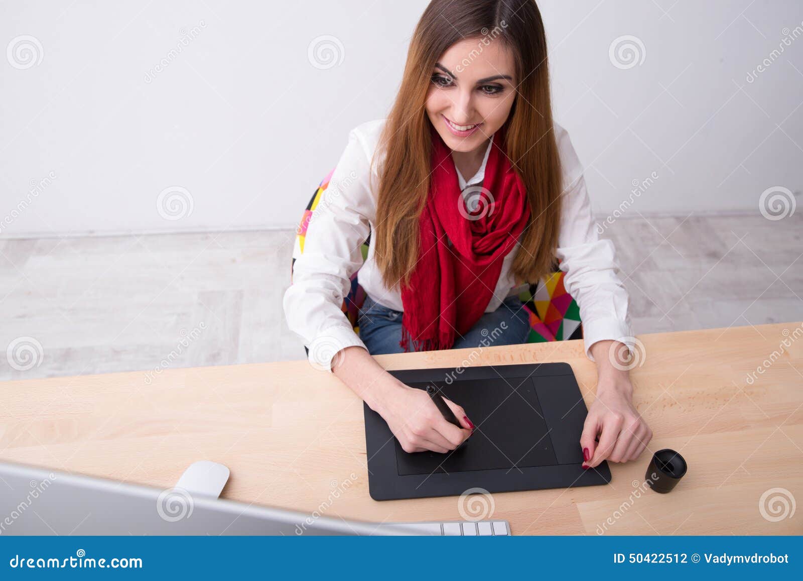 Woman Working on Graphic Tablet in Office Stock Photo - Image of ...