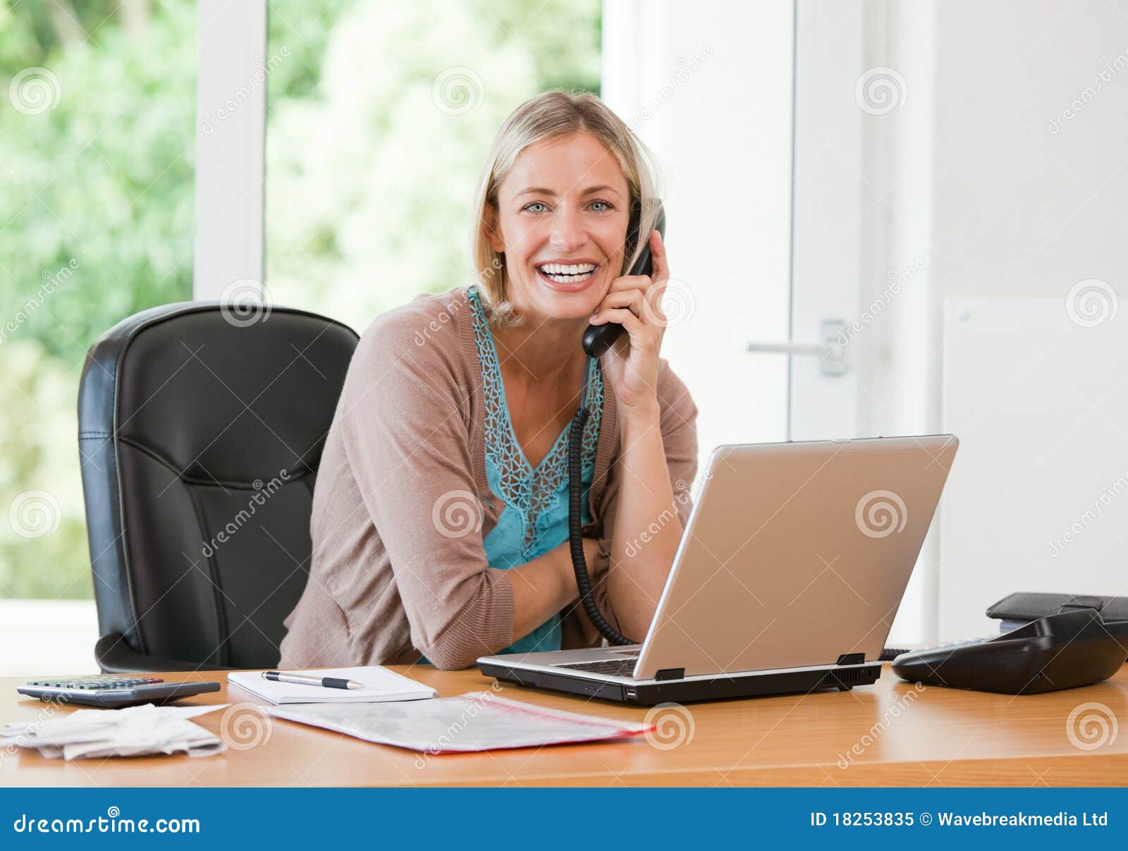 Woman Working on Her Computer while she is Phoning Stock Image - Image ...